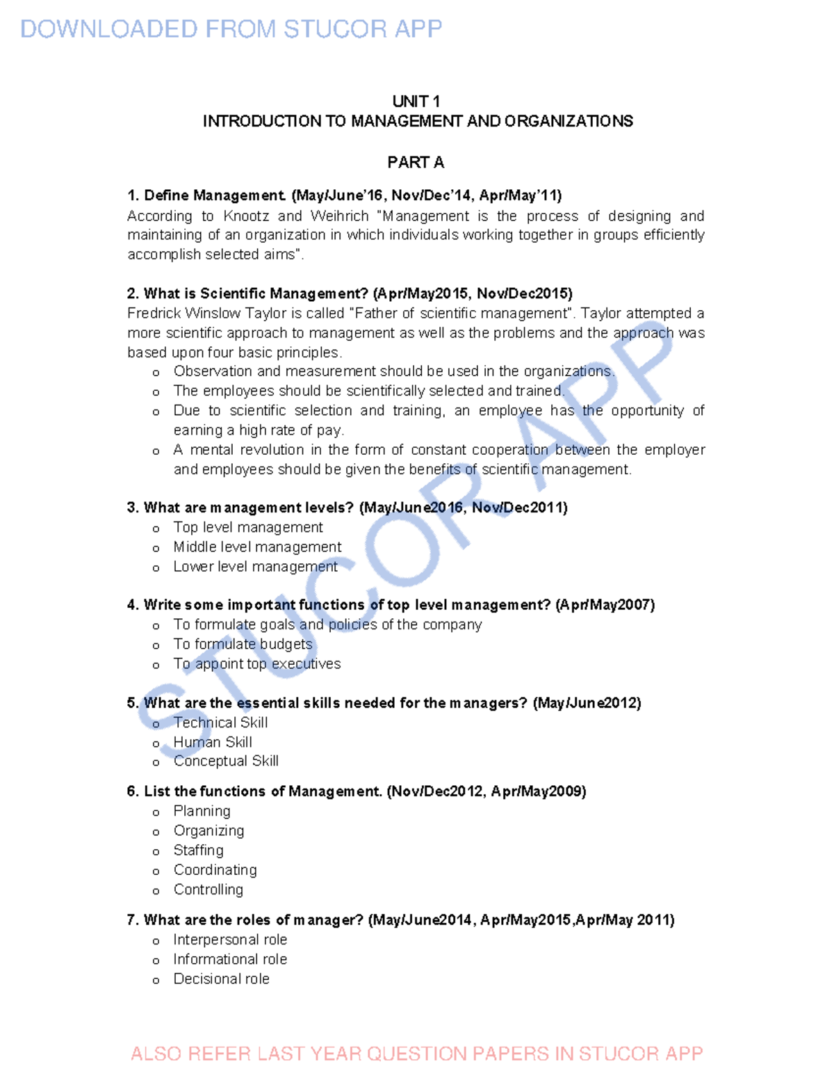 Part A - UNIT 1 INTRODUCTION TO MANAGEMENT AND ORGANIZATIONS PART A ...