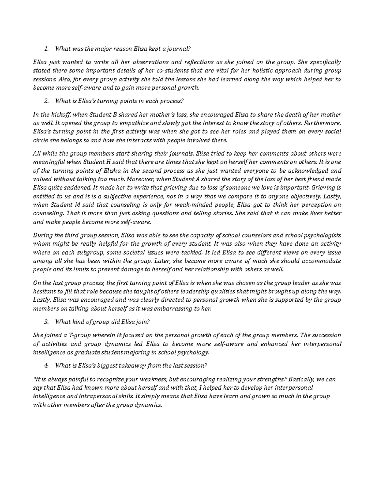 Chapter 6 Activity - What was the major reason Elisa kept a journal ...