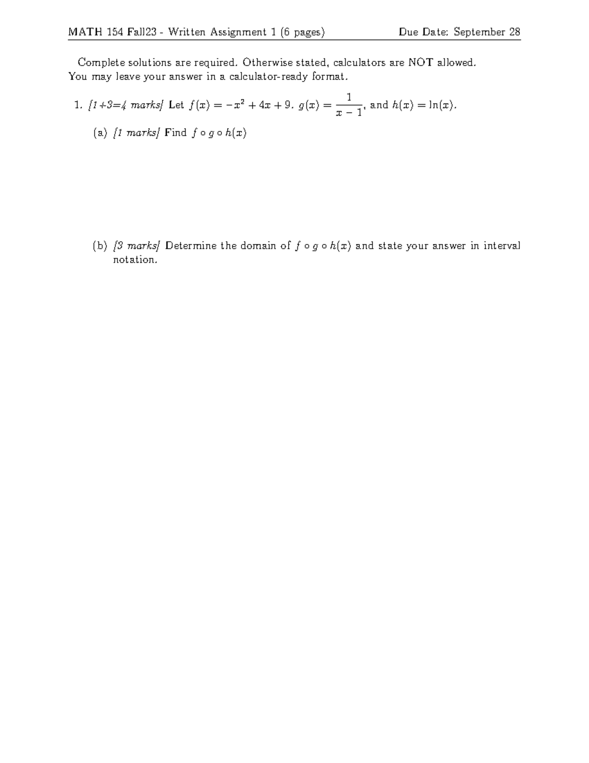 Written Assignment 1 - Math - MATH 154 Fall23 - Written Assignment 1 (6 pages) Due Date ...