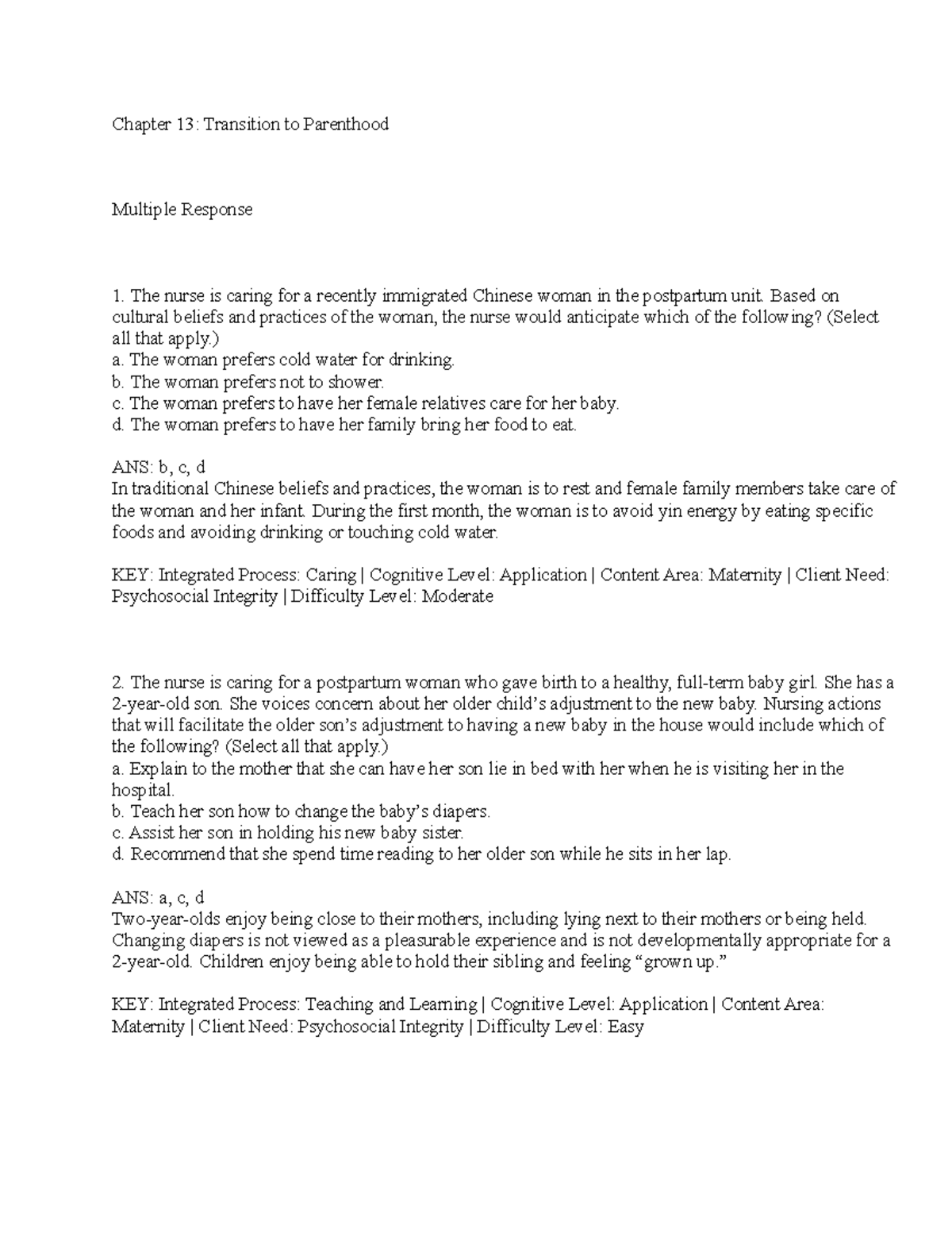 Chapter 13- Transition to Parenthood - Chapter 13: Transition to Parenthood Multiple Response ...