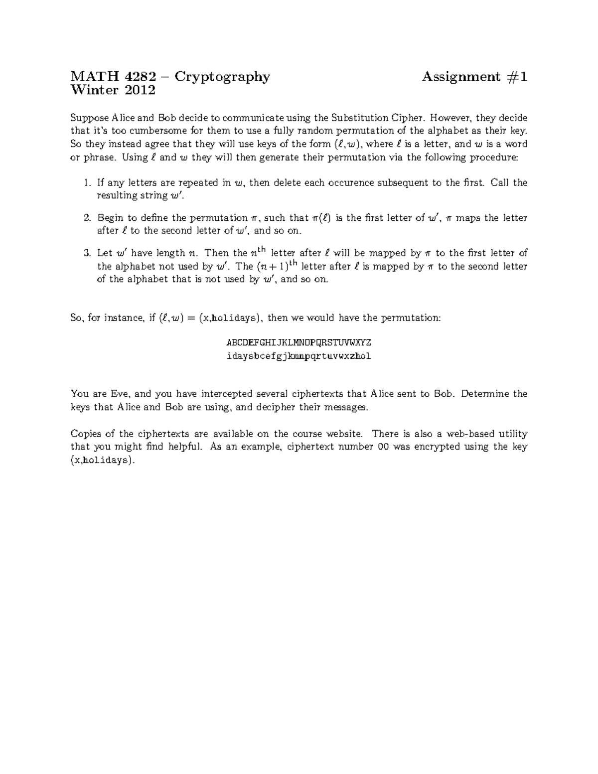 Assn1 - Assignments - MATH 4282 – Cryptography Assignment Winter 2012 ...