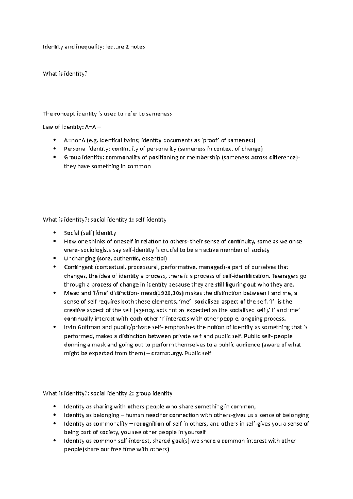 Identity and inequality lecture 2 notes - identical twins; identity ...