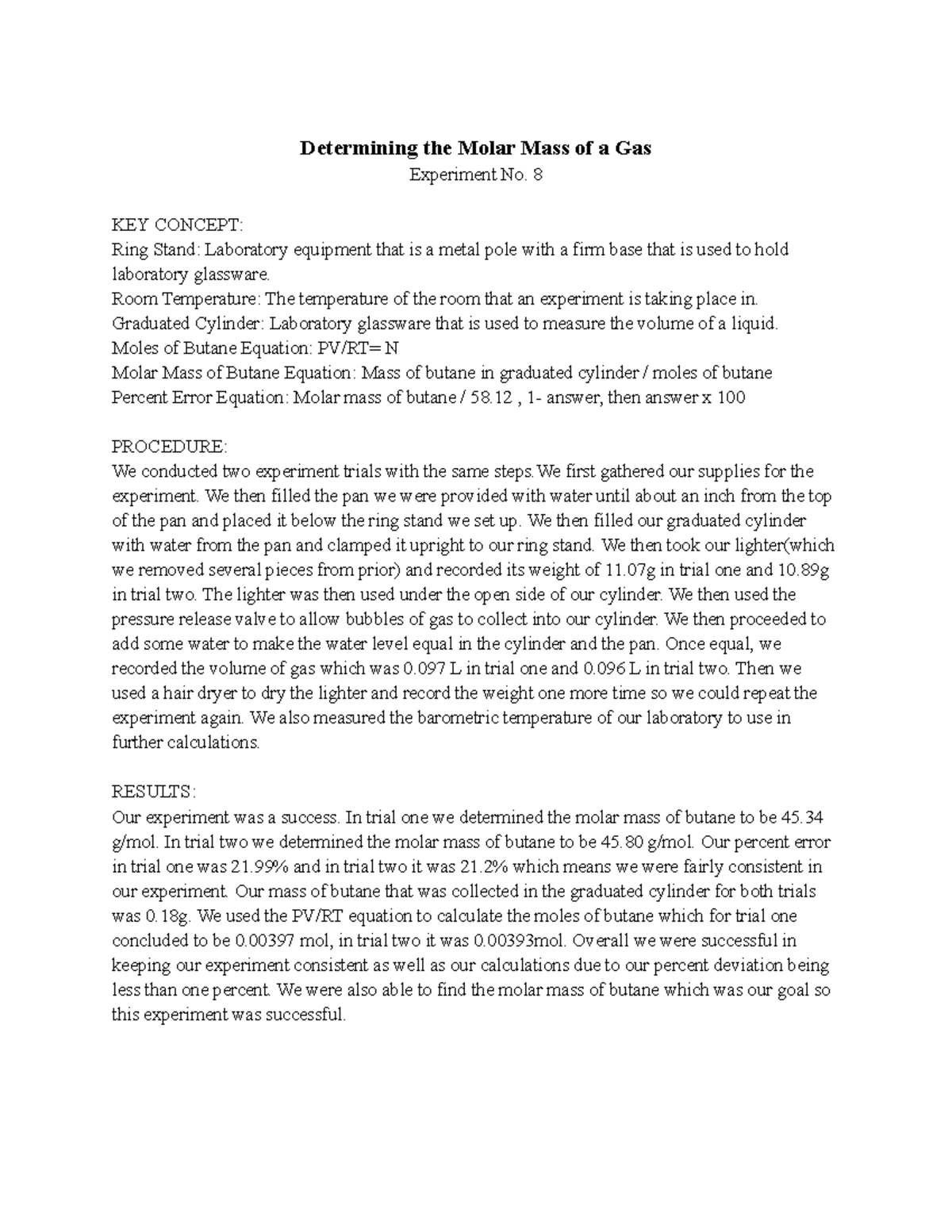 Lab 8 Summary - Determining the Molar Mass of a Gas Experiment No. 8 ...
