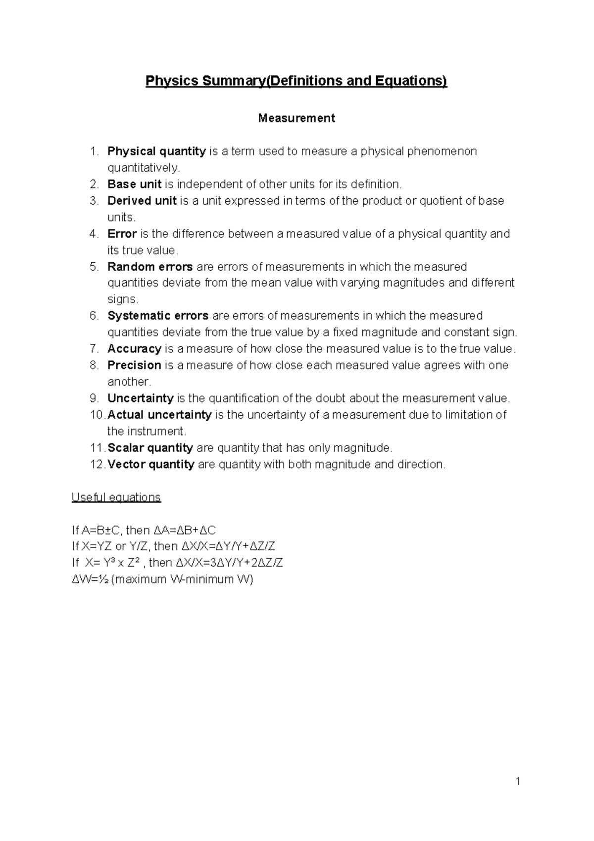 Physics Topical Definition - Physics Summary(Definitions and Equations) Measurement Physical ...