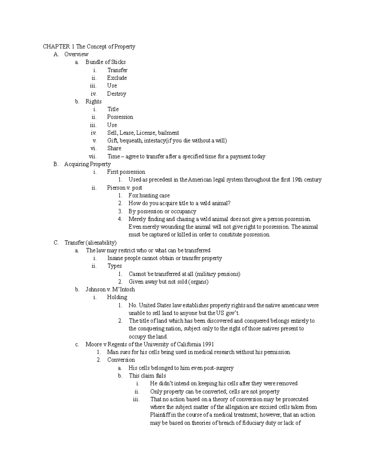 Property outline - CHAPTER 1 The Concept of Property A. Overview a ...