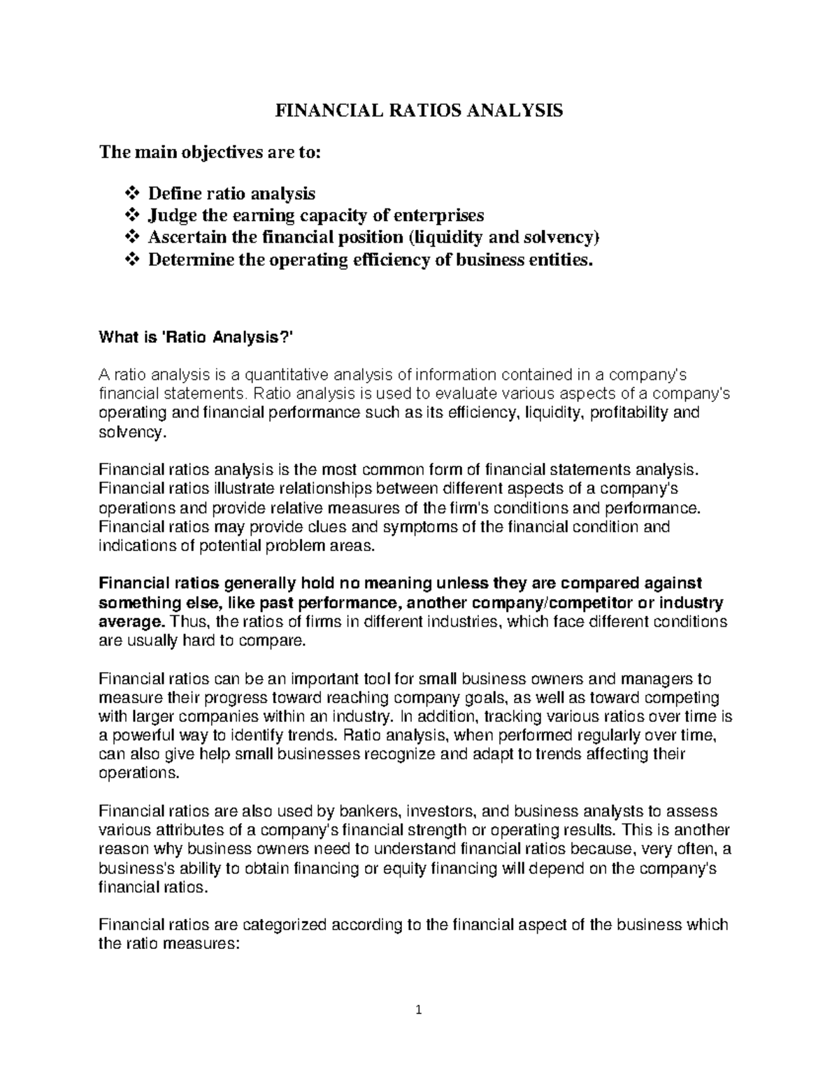 Financial Ratios Analysis - FINANCIAL RATIOS ANALYSIS The main ...