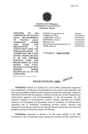 Com res 10919 - Comelec resolution - IN THE MATTER OF DEPUTIZING THE ...