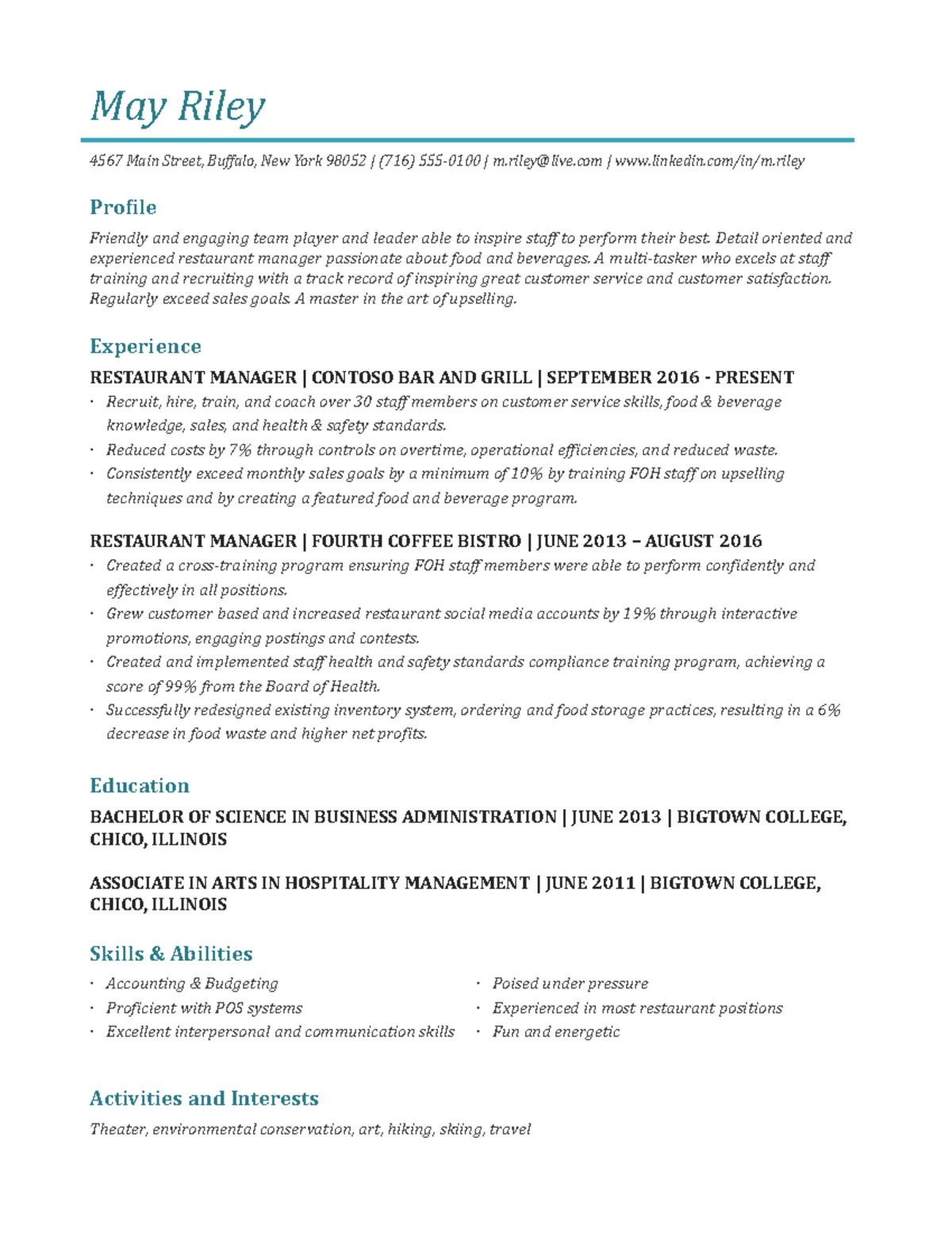 Restaurant manager resume - May Riley 4567 Main Street, Buffalo, New ...