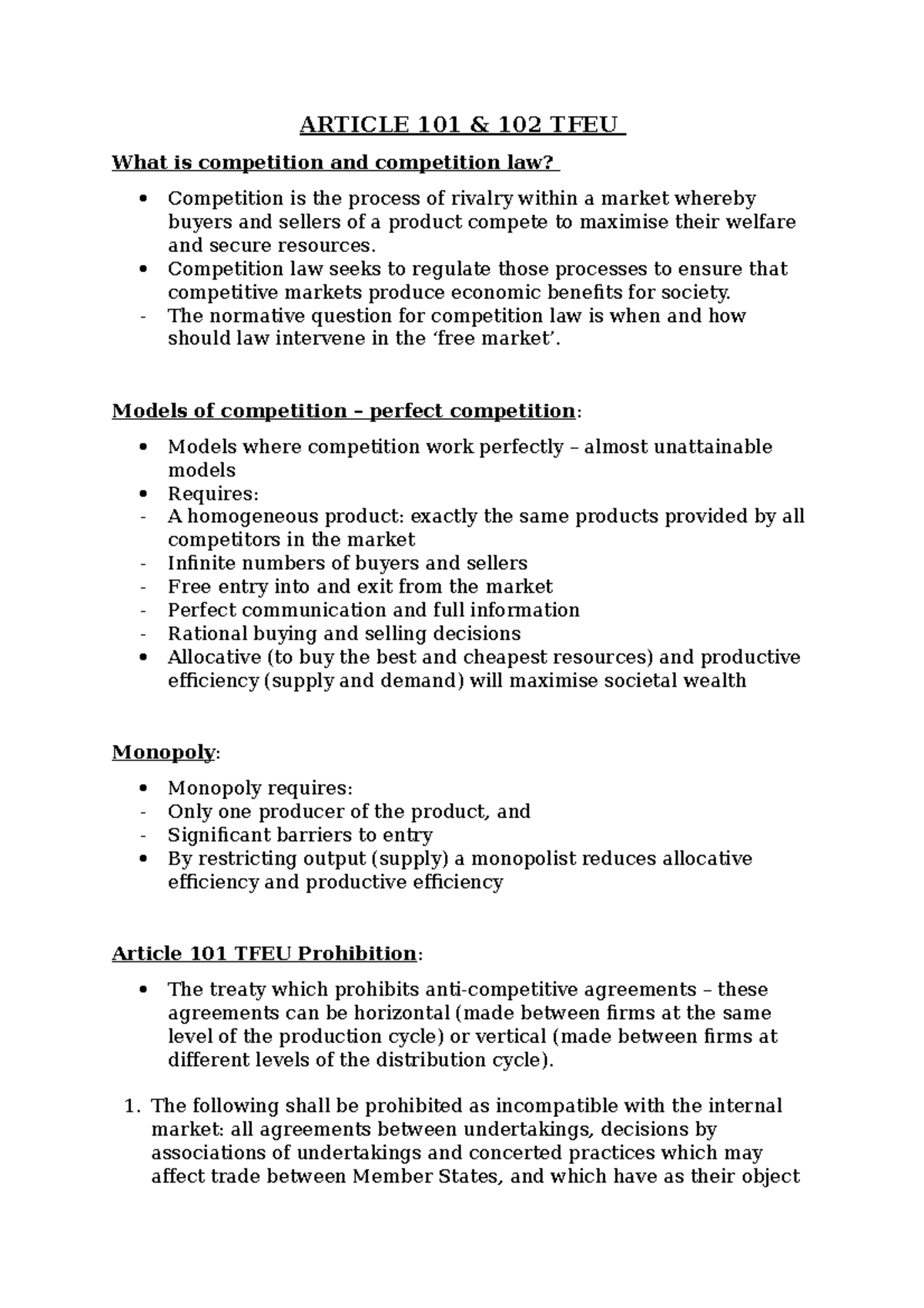 Art 101 102 Competition Law ARTICLE 101 102 TFEU What Is
