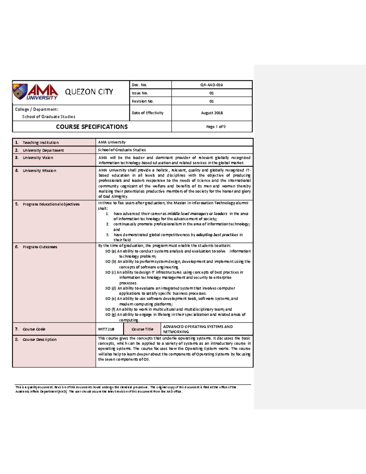 Mit7210 Advanced Operating Systems And Networking Course Spec Issue No 01 Revision No 01