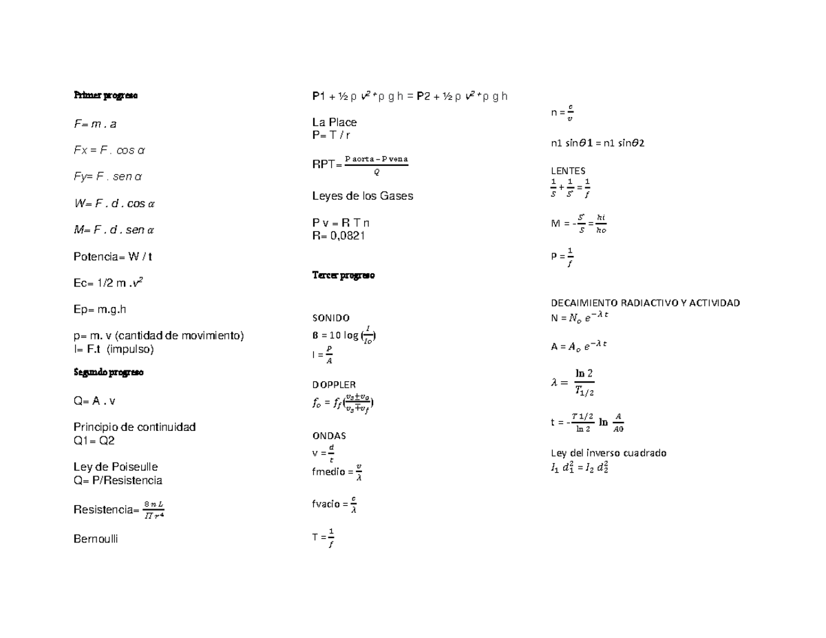 Formulas - FORMULARIO - Primer progreso F= m. a Fx = F. cos α Fy= F ...