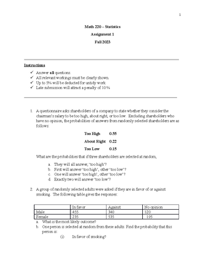 Lab1 Fall 2023 - notes - Lab 1 (To be done using R Commander or JASP or ...
