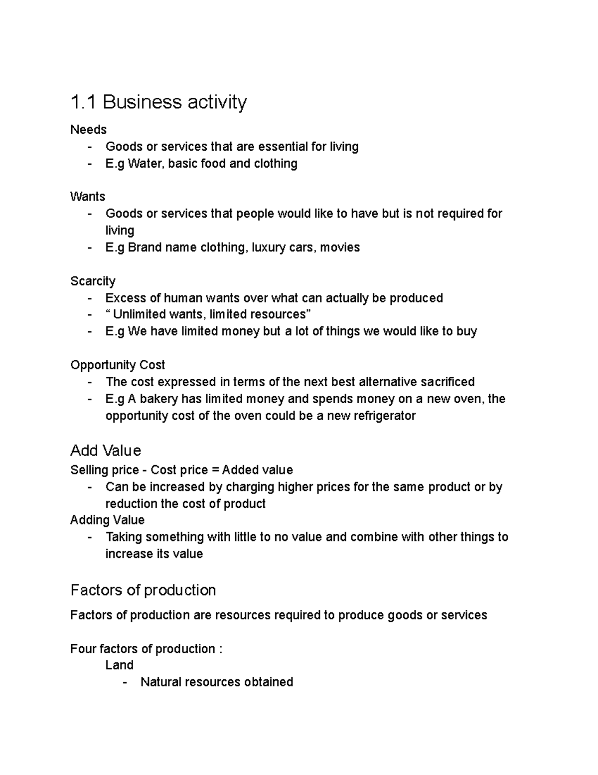 Business revision - 1 Business activity Needs Goods or services that ...