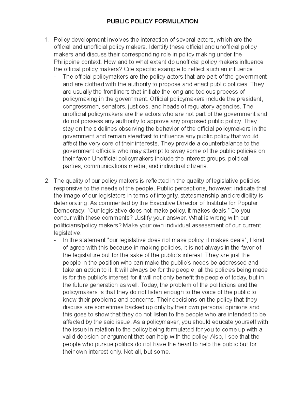 Public Policy Formulation - PUBLIC POLICY FORMULATION Policy ...