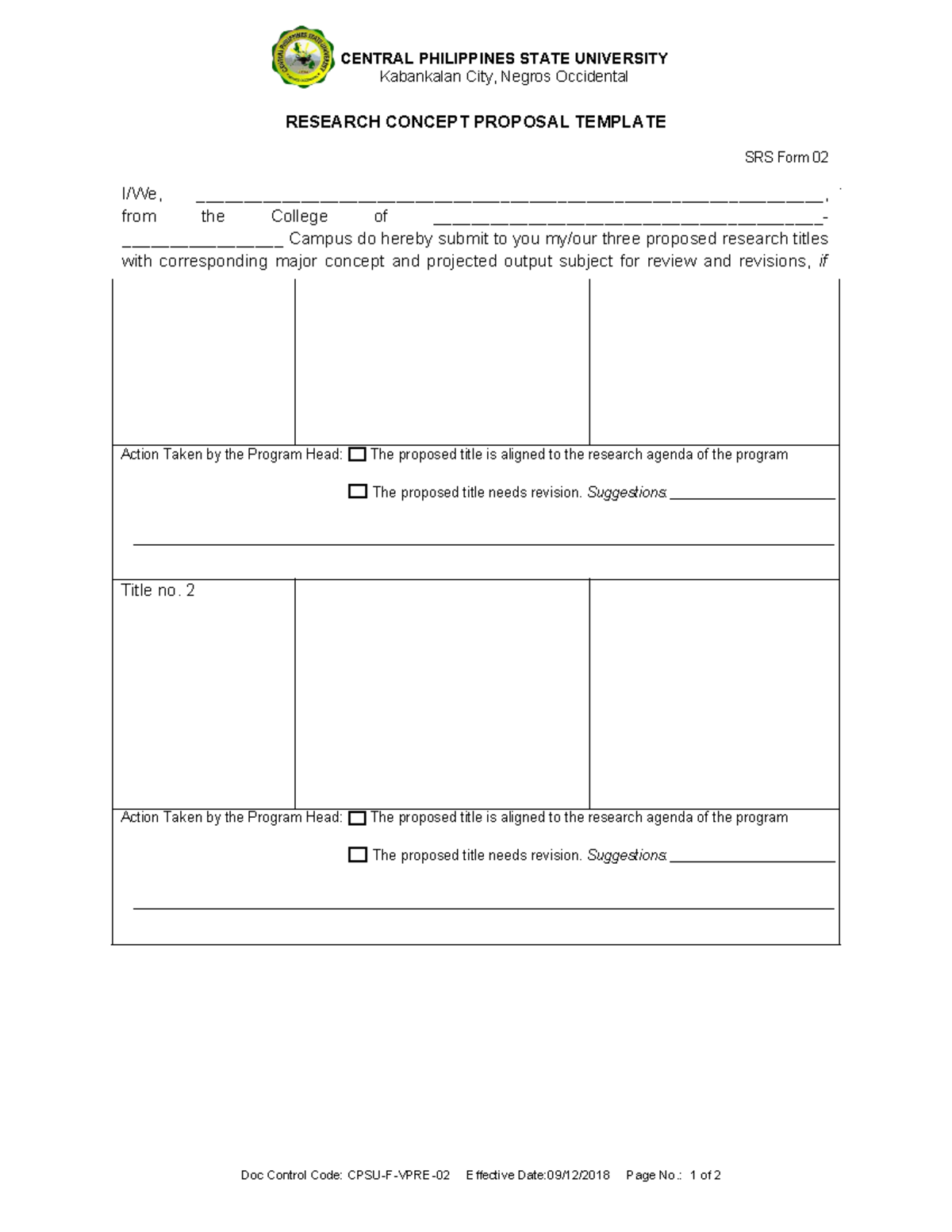 SRS form 02 New - CENTRAL PHILIPPINES STATE UNIVERSITY Kabankalan City ...