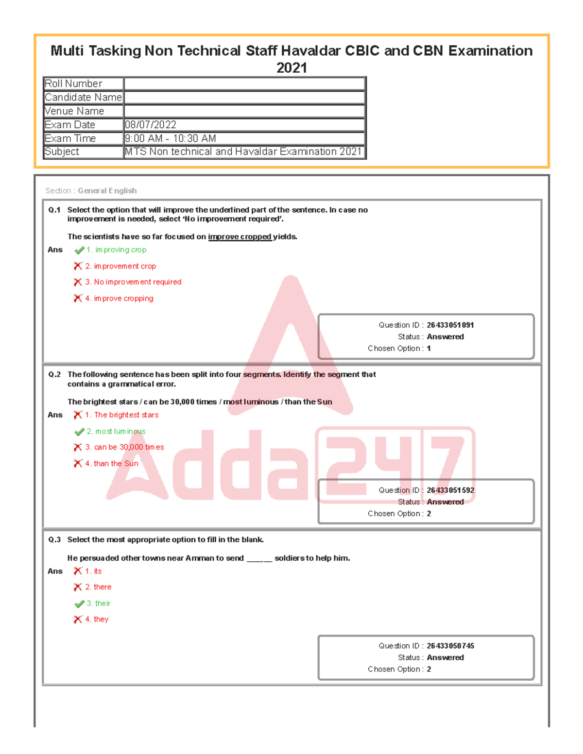 Ssc mts previous year paper 8 july 2022 - Q Select the option that will ...
