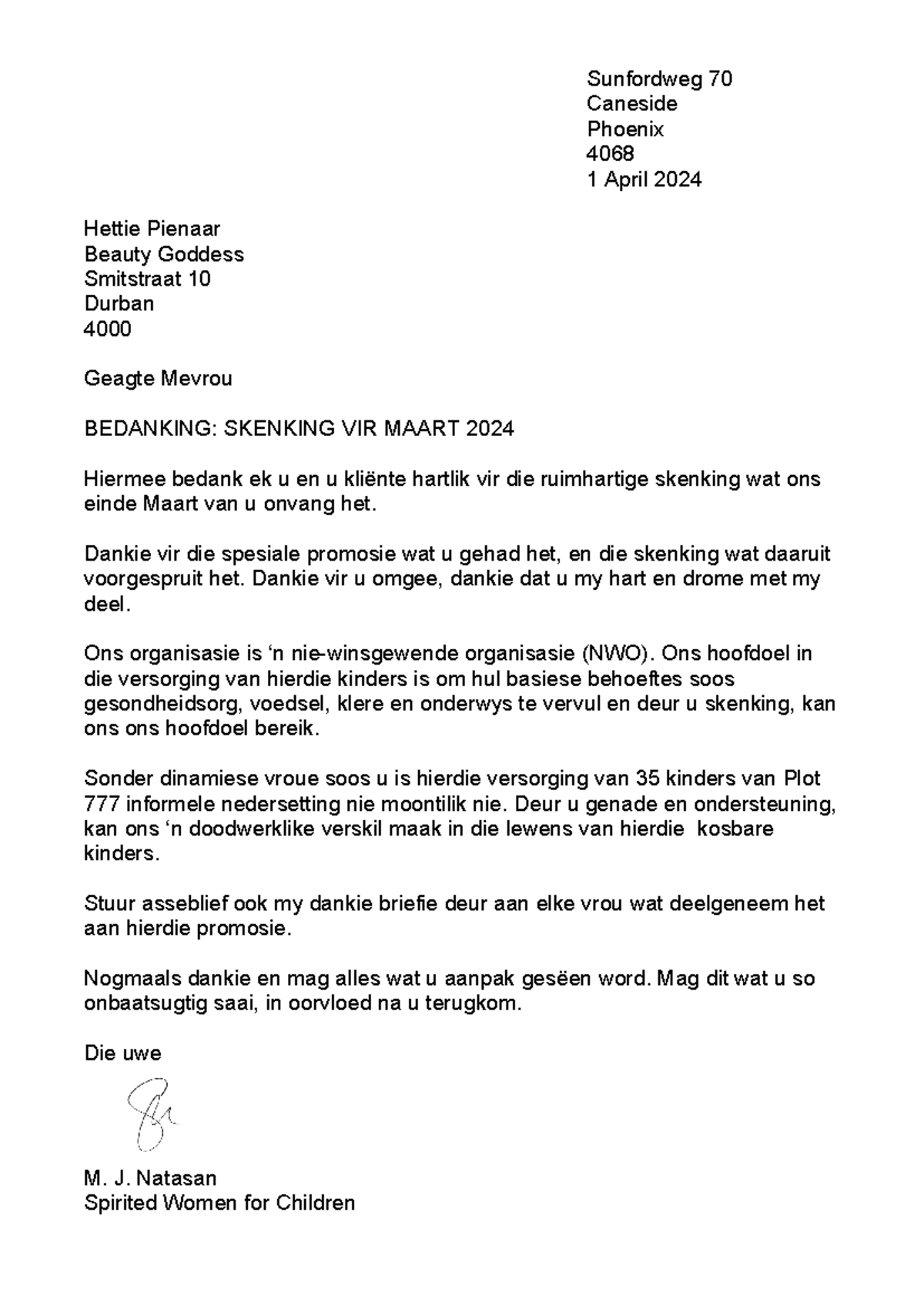 Bedankings brief - Sunfordweg 70 Caneside Phoenix 4068 1 April 2024 ...