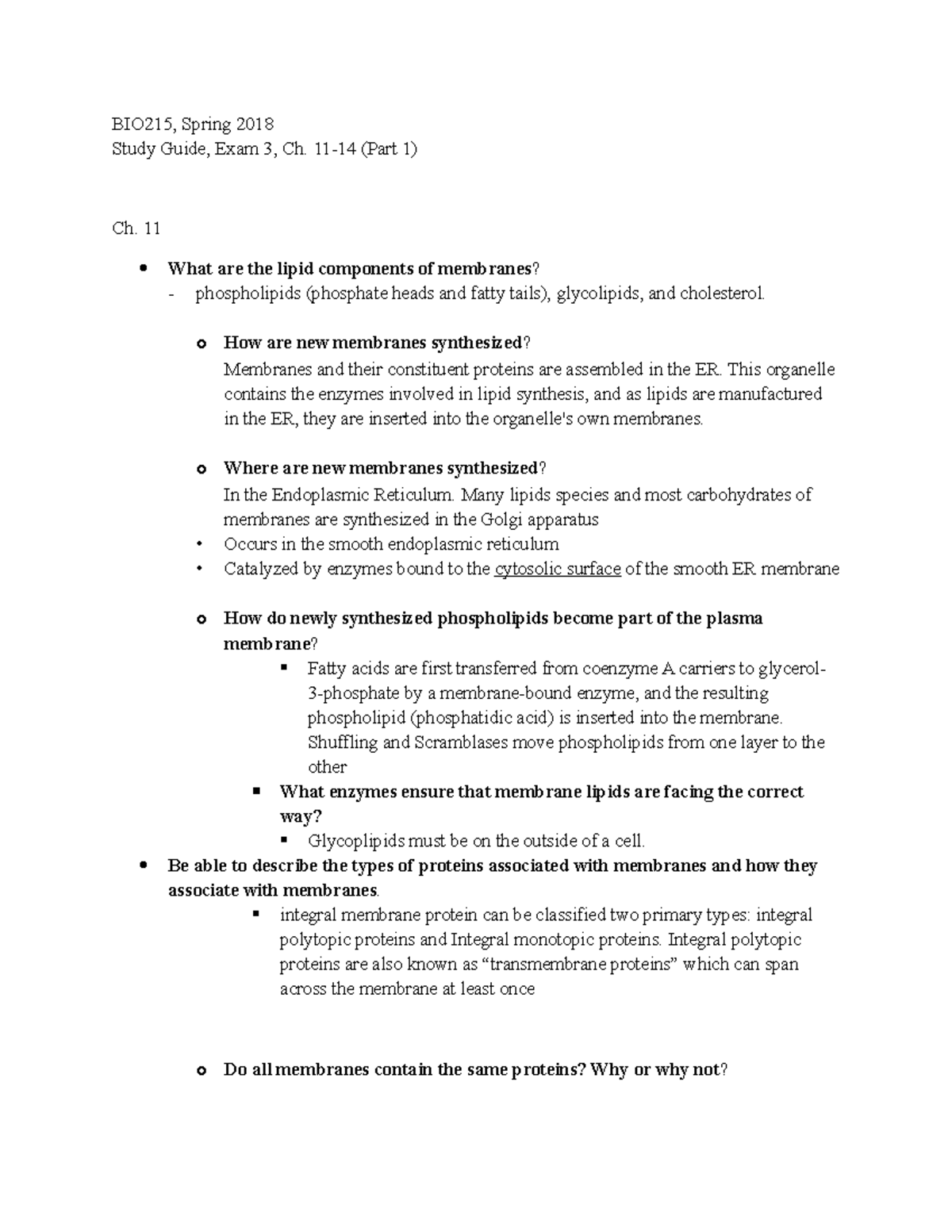 BIO215 Study Guide for Exam 3 Fall 2019 - BIO215, Spring 2018 Study Guide, Exam 3, Ch. 11-14 ...
