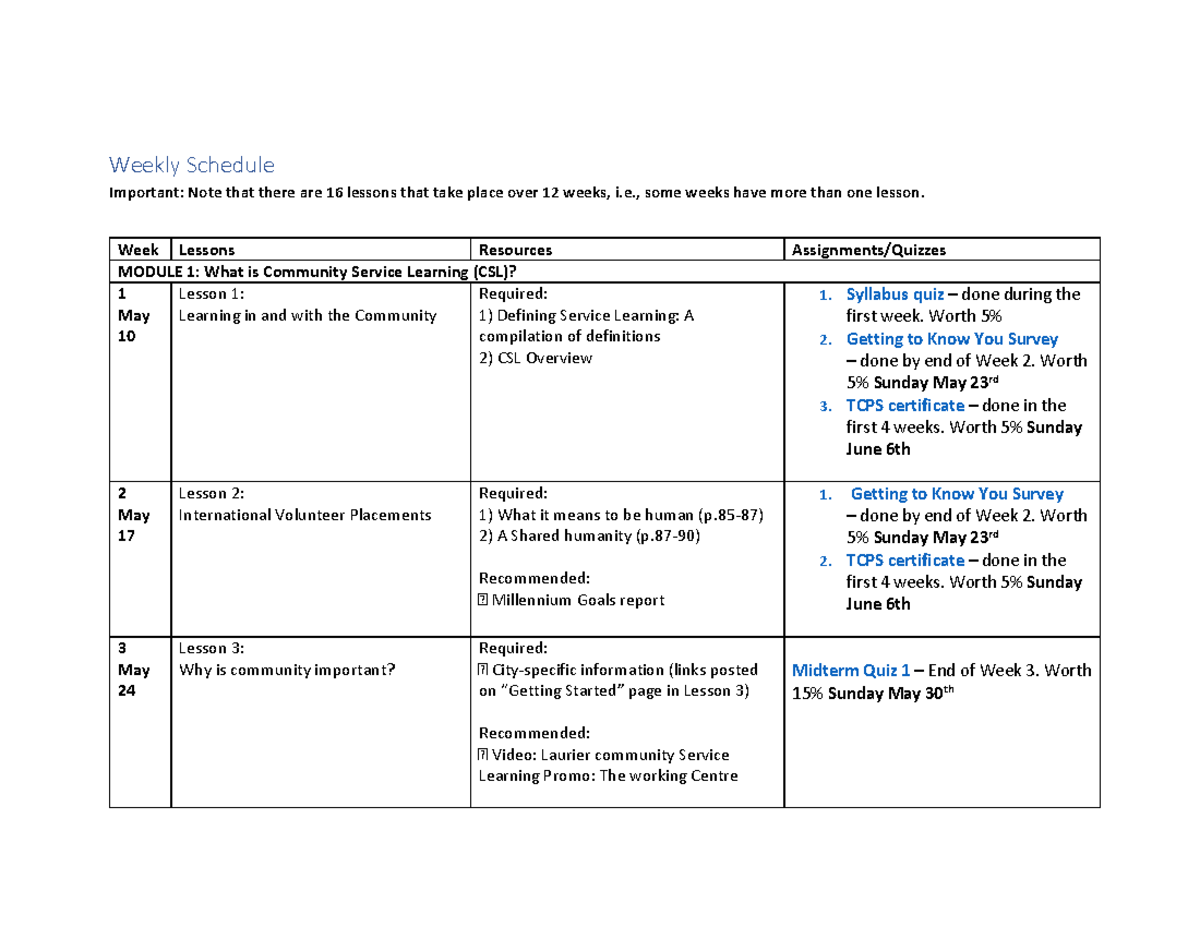 UU150 Breakdown with Course Outline - Weekly Schedule Important: Note ...