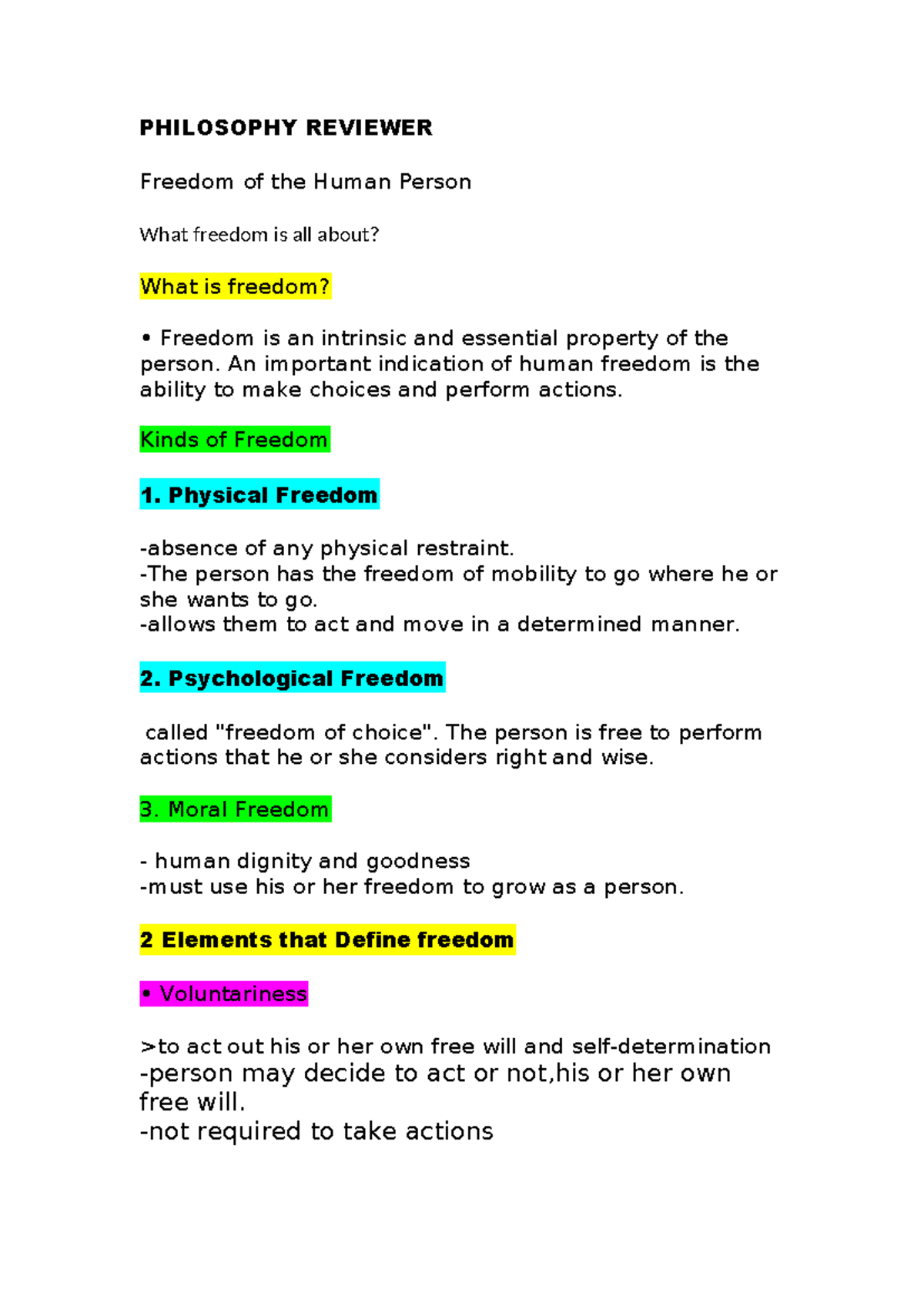 Philosophy- Reviewer - PHILOSOPHY REVIEWER Freedom of the Human Person ...