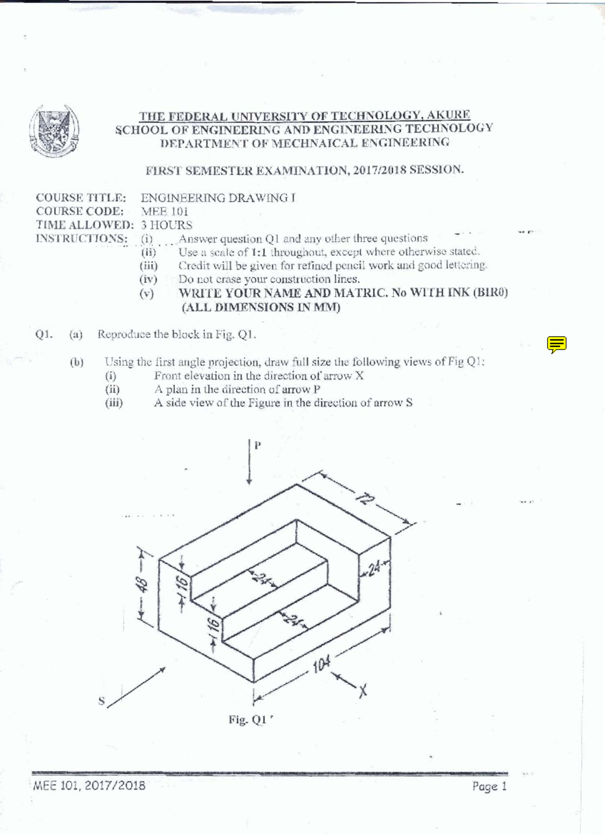 MEE 101 ( 2017 - 2018 ) Session Engineering Drawing 10001 A - THE ...