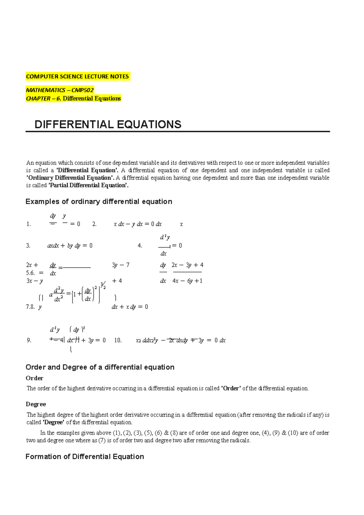 Chapter – 6. Differential Equations - COMPUTER SCIENCE LECTURE NOTES ...