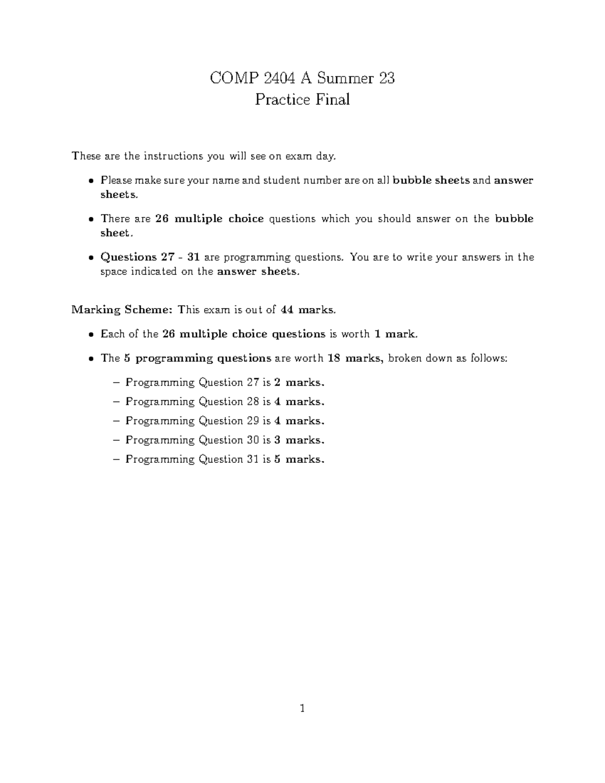 Practice-final - final practice - COMP 2404 A Summer 23 Practice Final ...