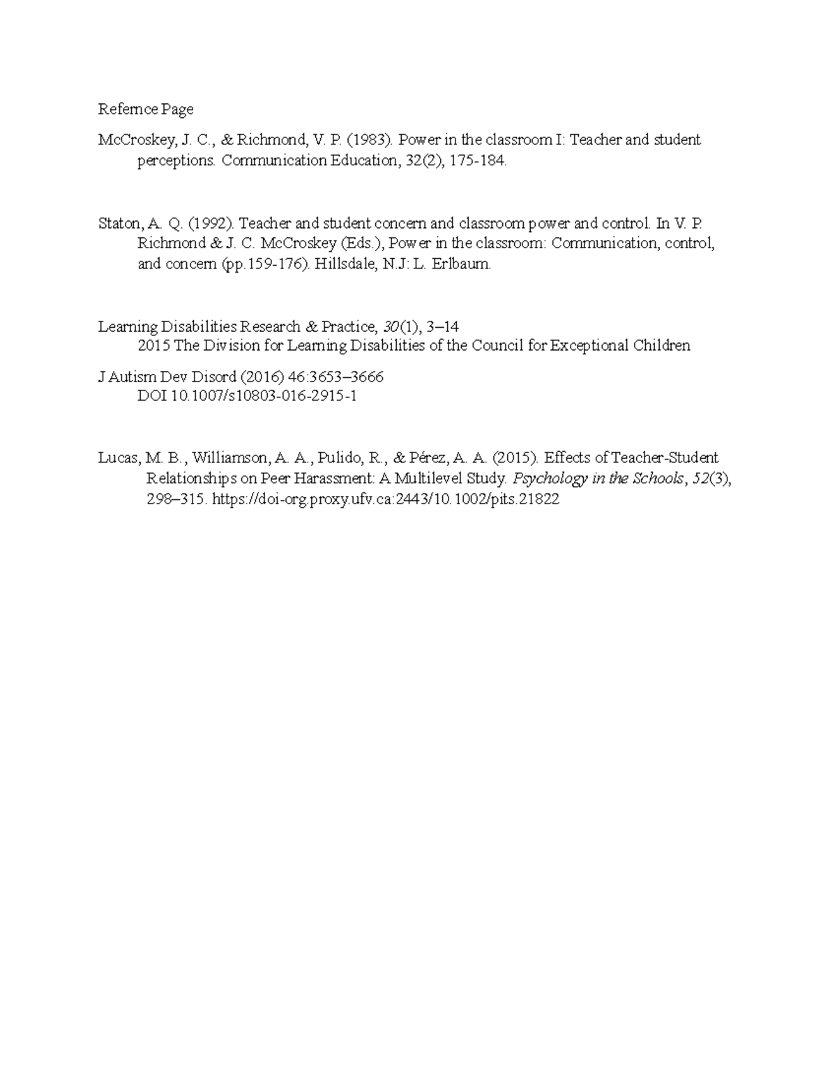 Refernce Page- Teacher-Student Relationships - Refernce Page McCroskey ...