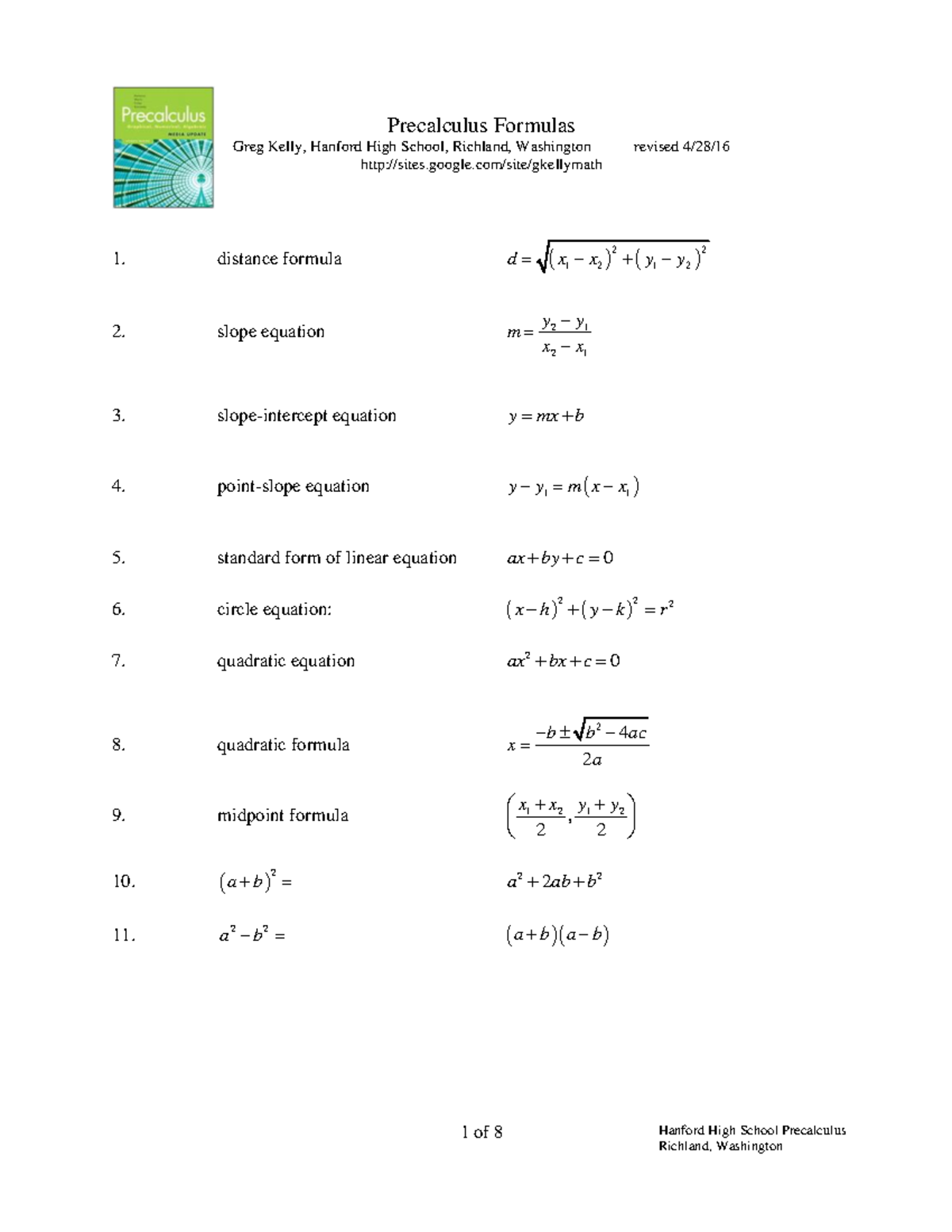 Precalc Formulas - Hanford High School Precalculus Precalculus Formulas ...