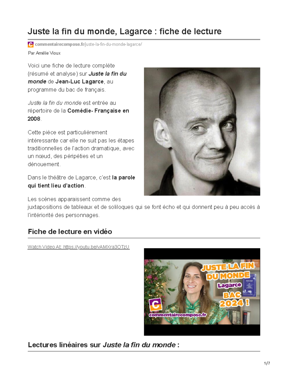 Commentairecompose.fr-Juste la fin du monde Lagarce fiche de lecture - Par Amélie Vioux Juste la ...