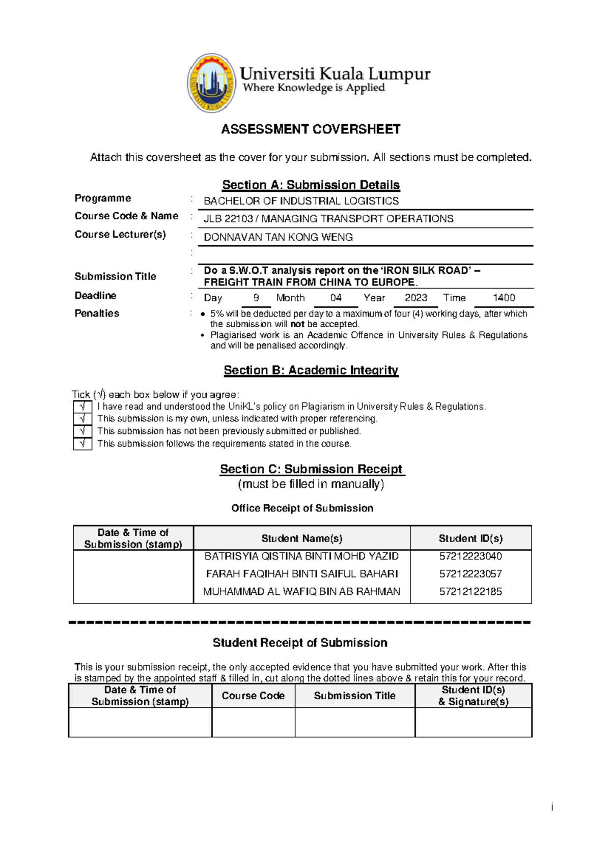 MANAGING TRANSPORT OPERATION BIL - i ASSESSMENT COVERSHEET Attach this ...