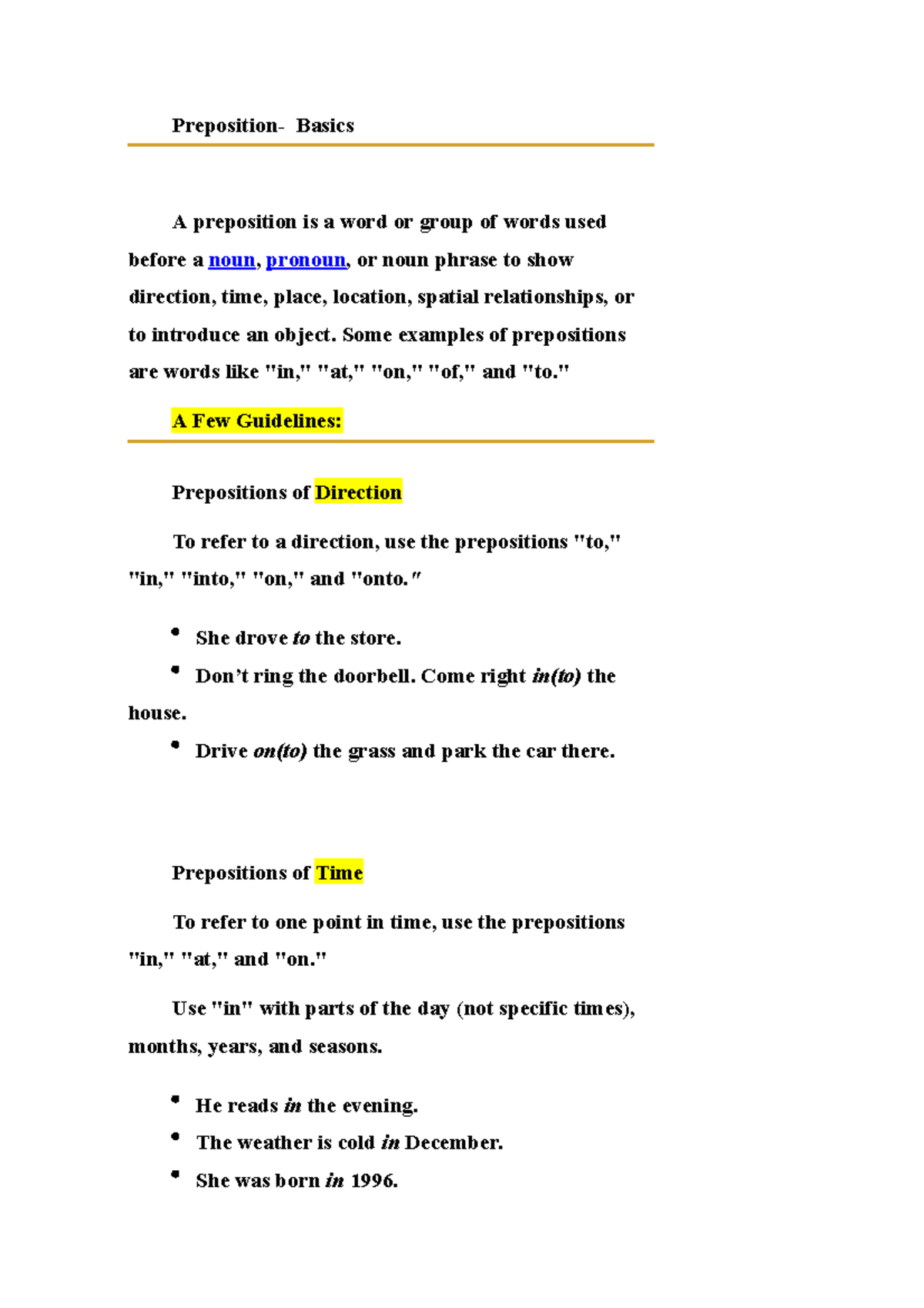 Preposition Basics - resource - Preposition- Basics A preposition is a ...