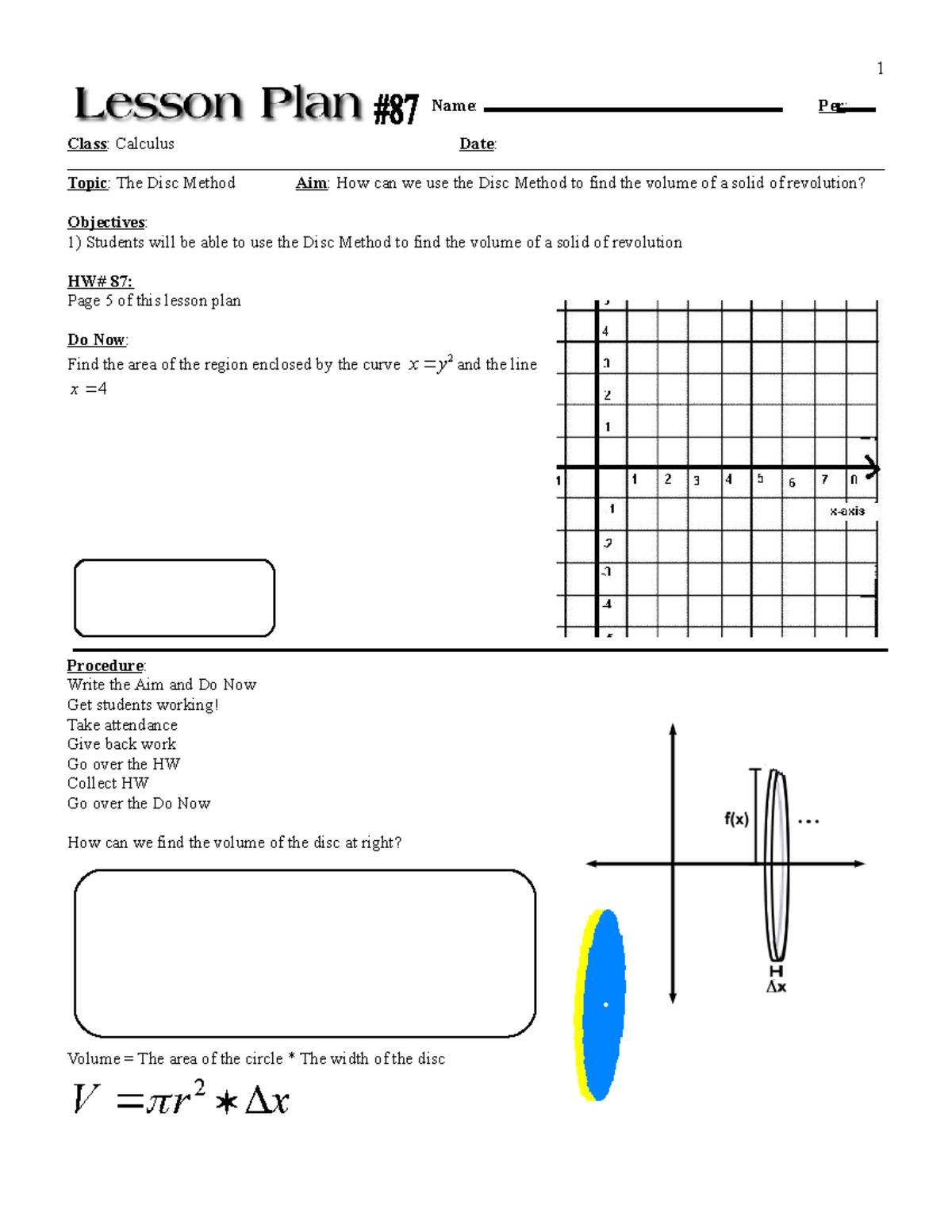 Calculus Fall 2021 Lesson 087 Disc Method x-axis - Name : Per : Class ...