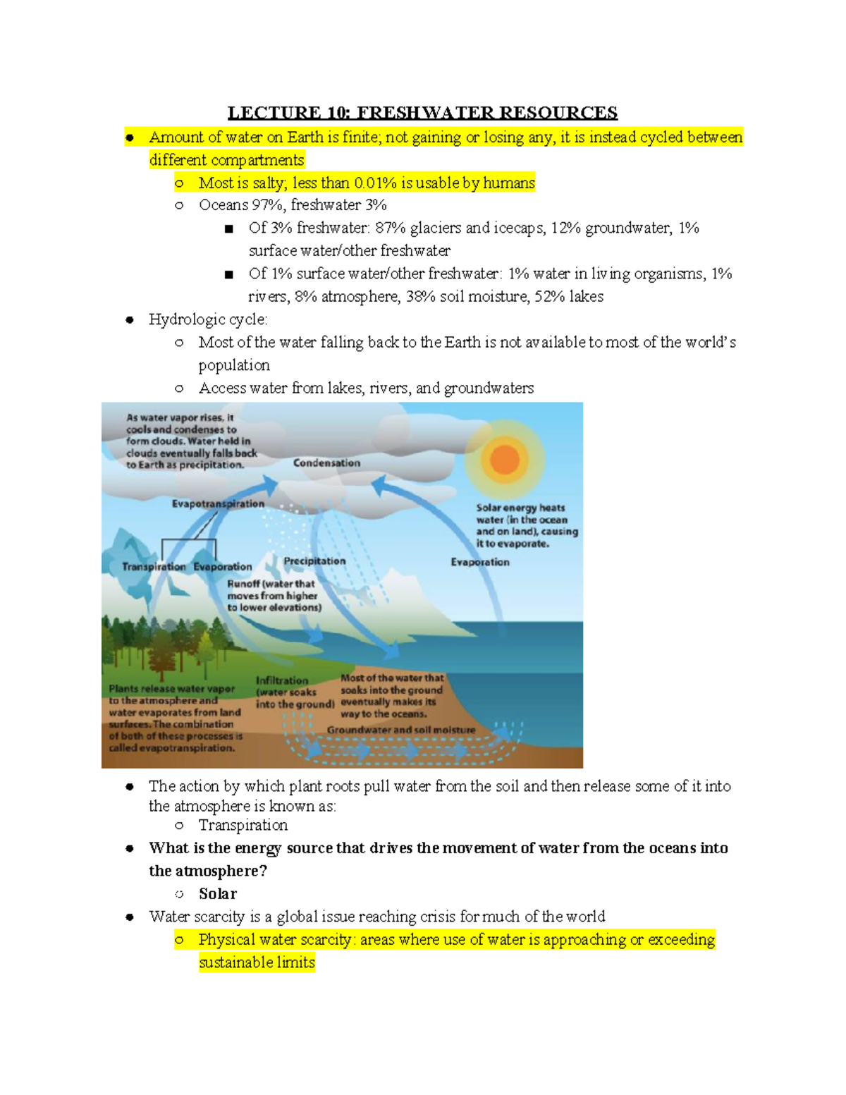Exam 2 Notes - LECTURE 10: FRESHWATER RESOURCES Amount of water on ...