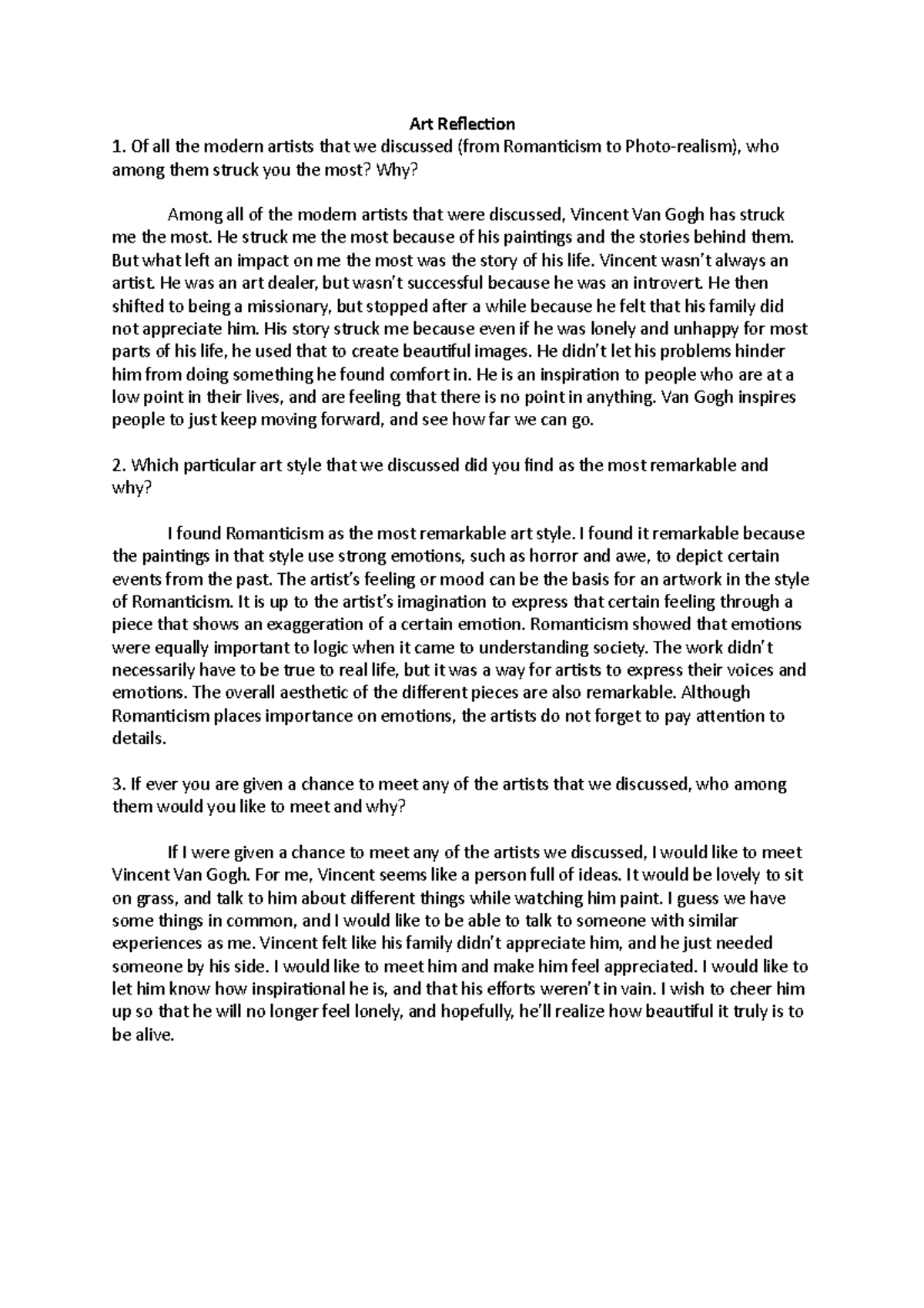 Art - Class notes - Art Reflection Of all the modern artists that we ...