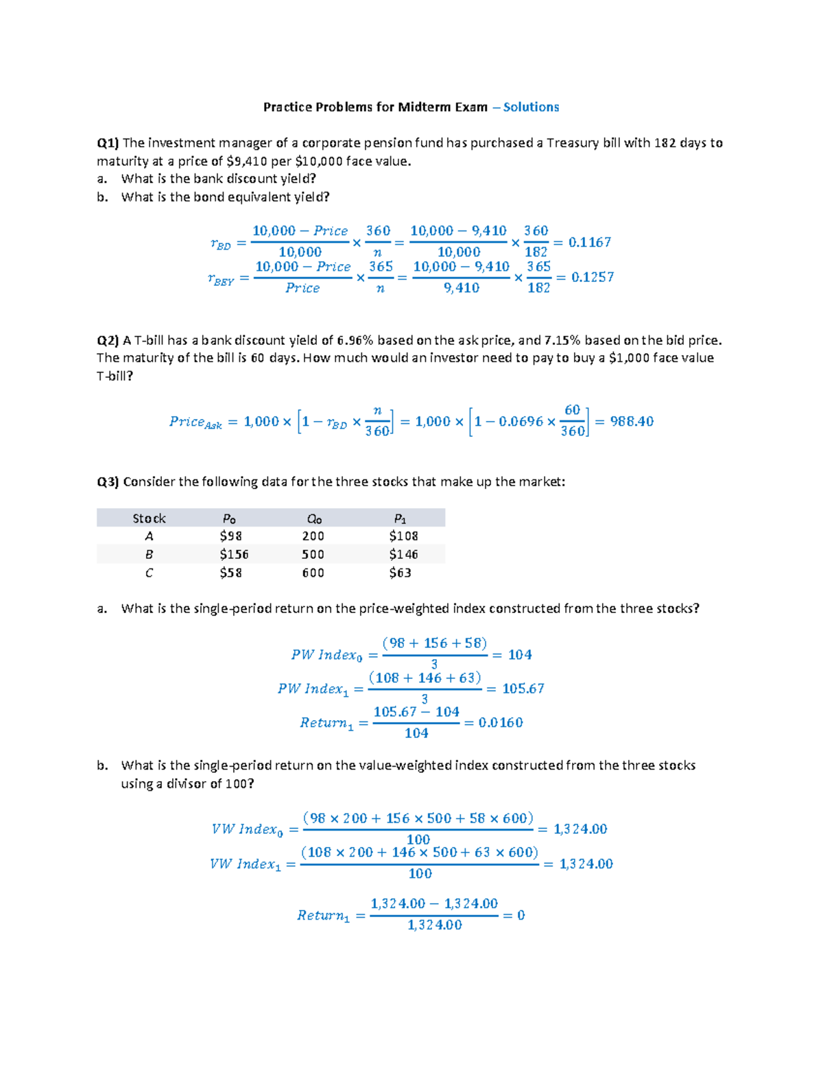 BUS 315 - Midterm Practice Problems - Solutions - Practice Problems for Midterm Exam – Solutions ...