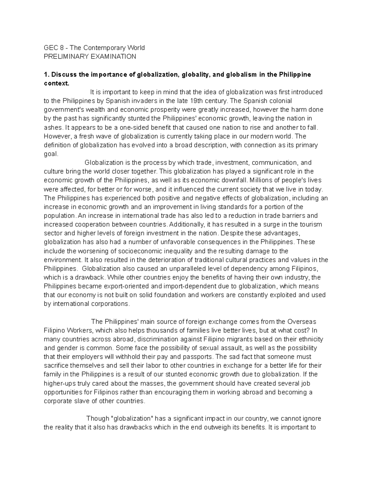 GEC 8 - The Contemporary World - GEC 8 - The Contemporary World PRELIMINARY EXAMINATION Discuss ...