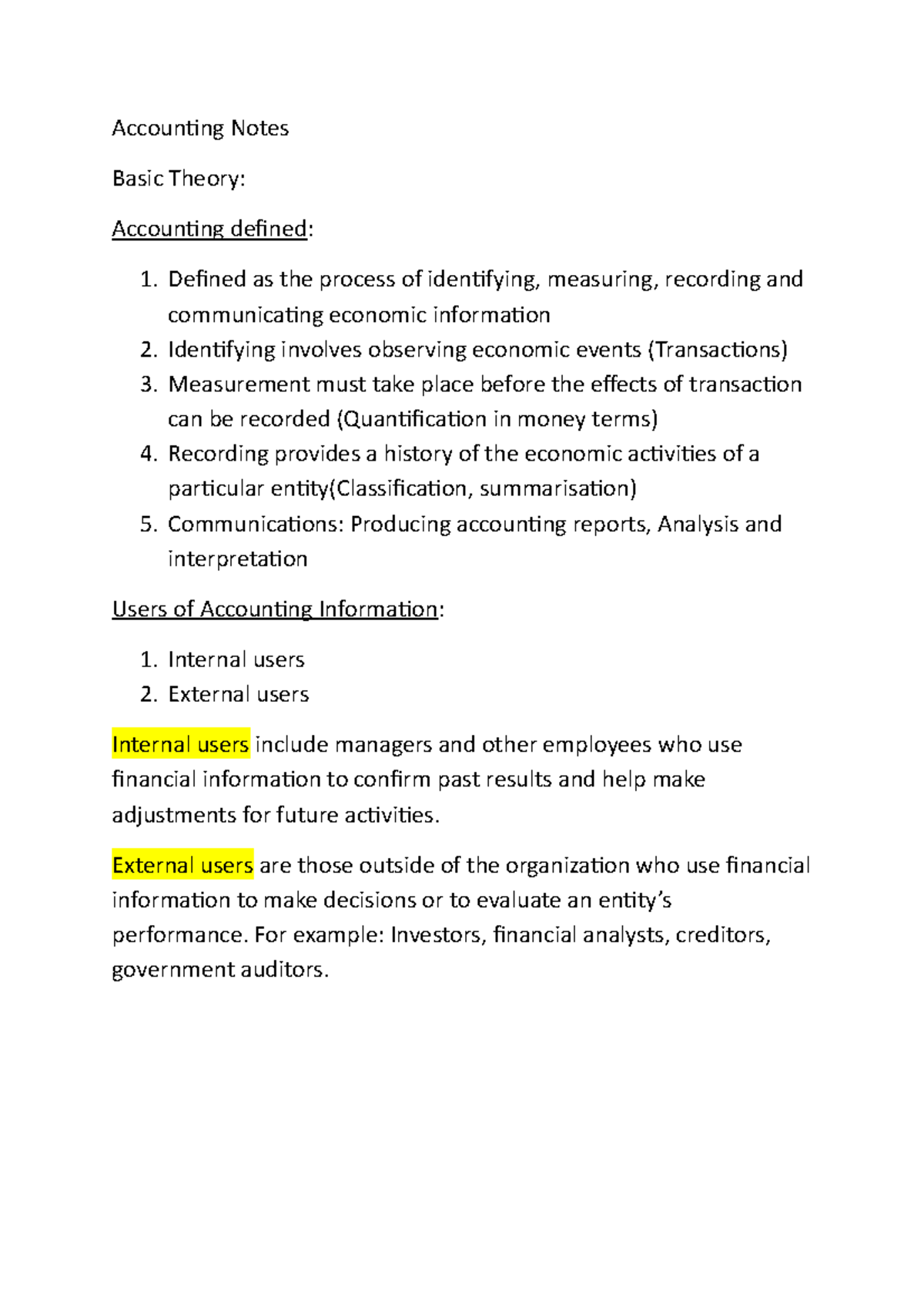 Accounting Notes - Accounting Notes Basic Theory: Accounting defined ...