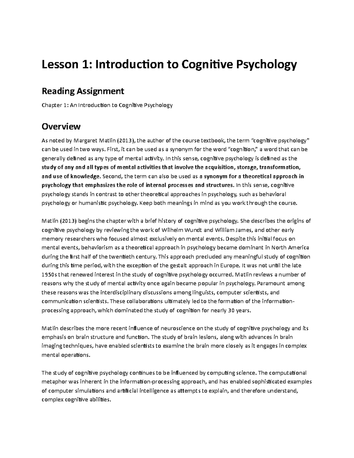 PSYC 355 - Cognitive Psychology - Unit 1 Study Guide - Lesson 1 ...