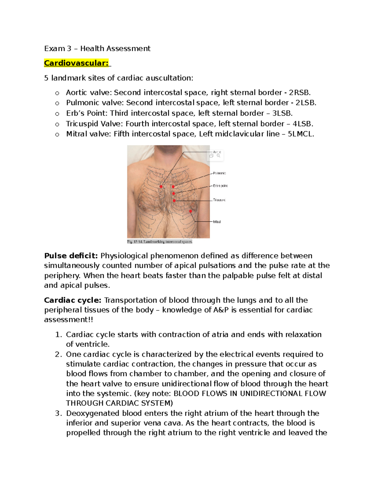 FILE 1275 - ... - Exam 3 – Health Assessment Cardiovascular: 5 landmark ...