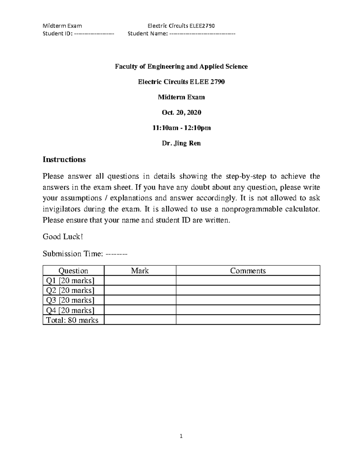 2790 Midterm 2020 4 - bvv - Student ID: - Student Name: - Faculty of Engineering and Applied ...