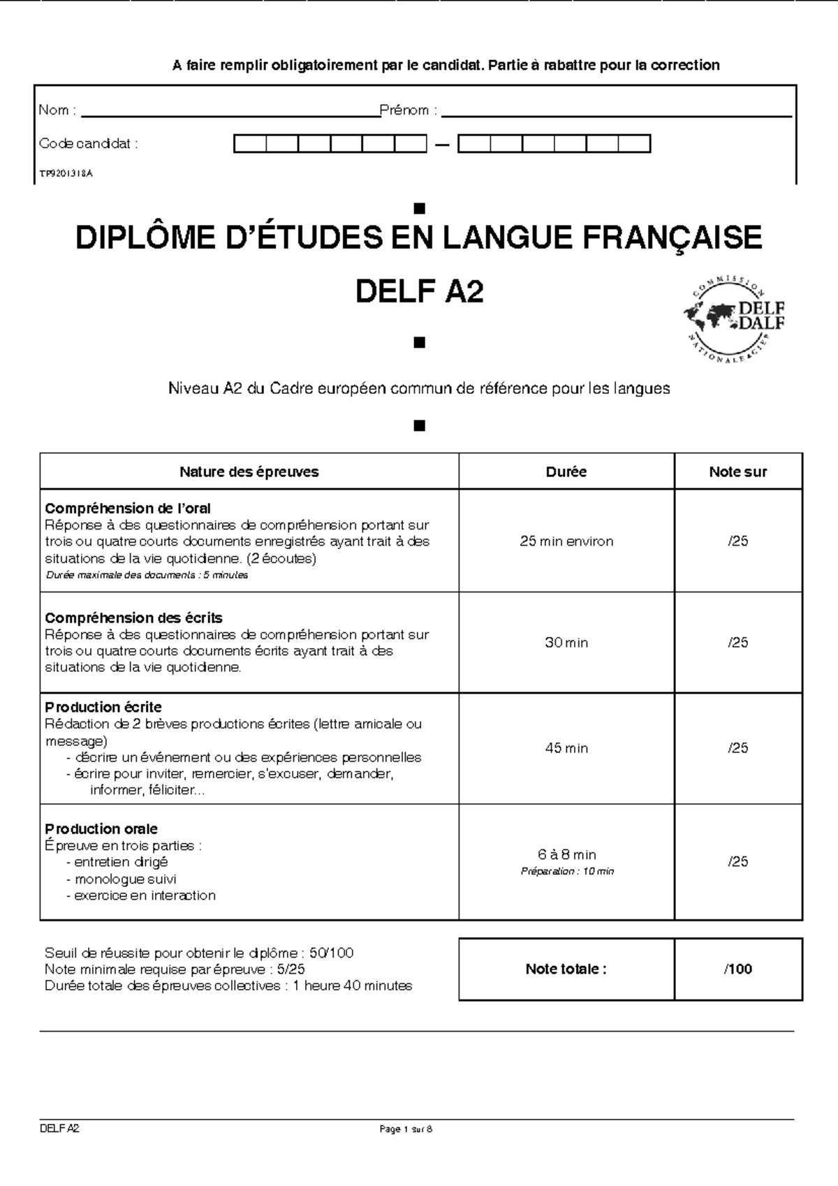 DELF A2-Sample 2 - Nursing - DELF A2 Page 1 sur 8 A faire remplir ...