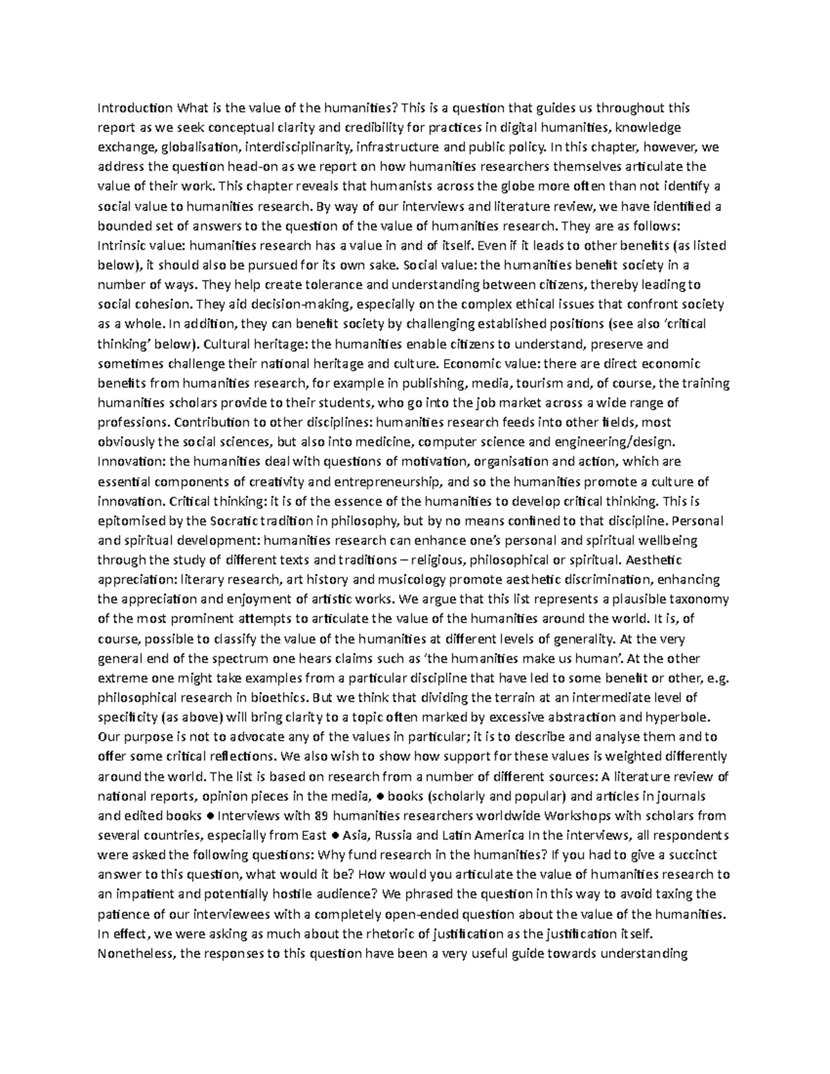 Value of humanities notes - Introduction What is the value of the ...