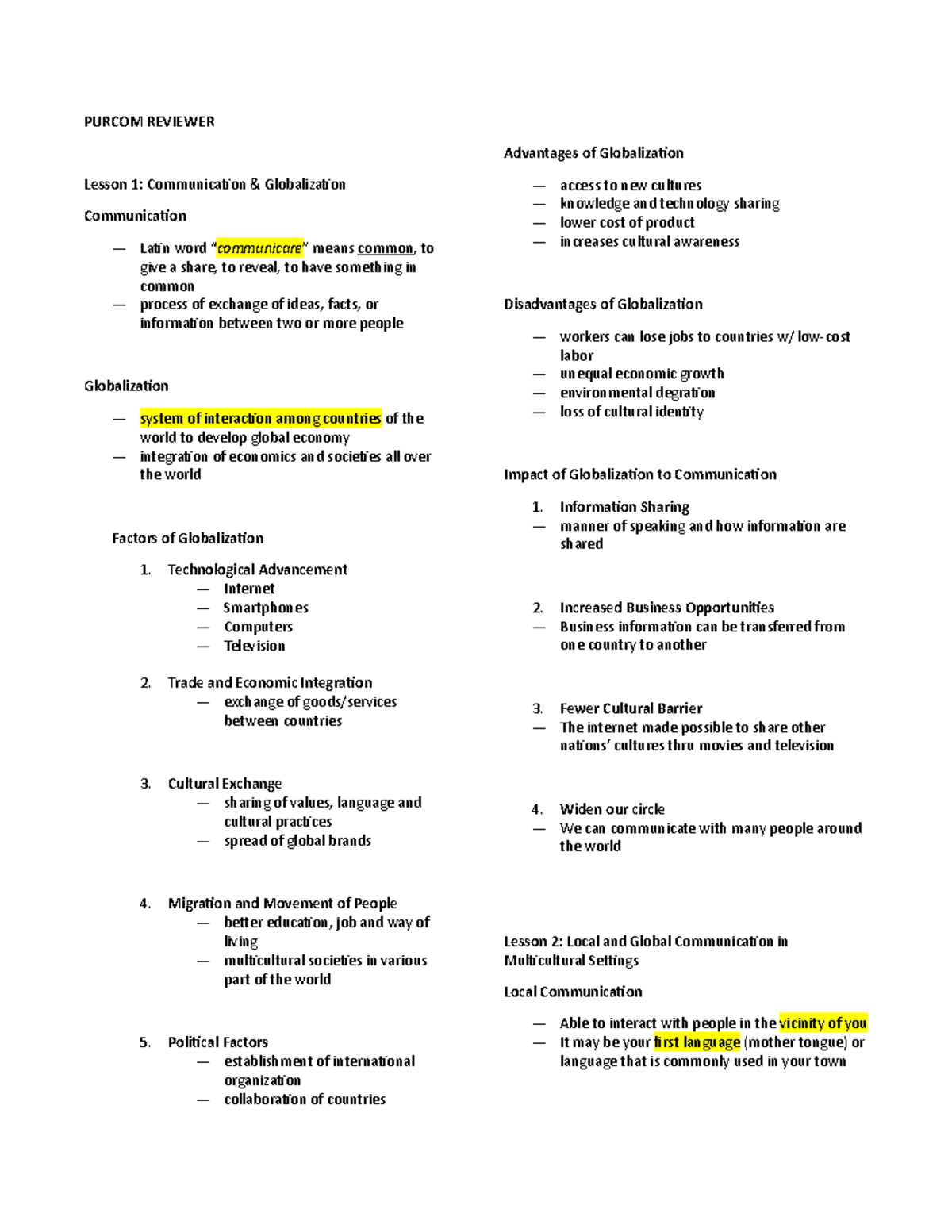 purposive communication subject - PURCOM REVIEWER Lesson 1 ...