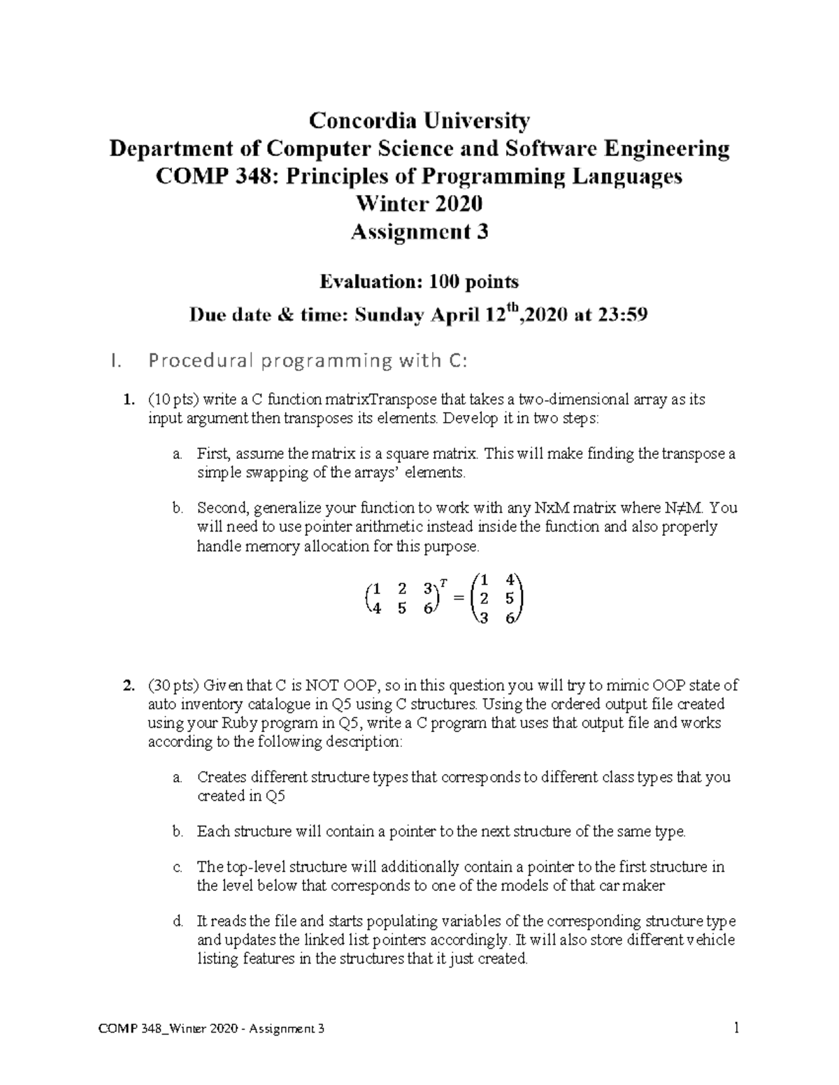 COMP348 A3 ًWinter 2020 - Warning: TT: undefined function: 32 I. Procedural programming with C ...