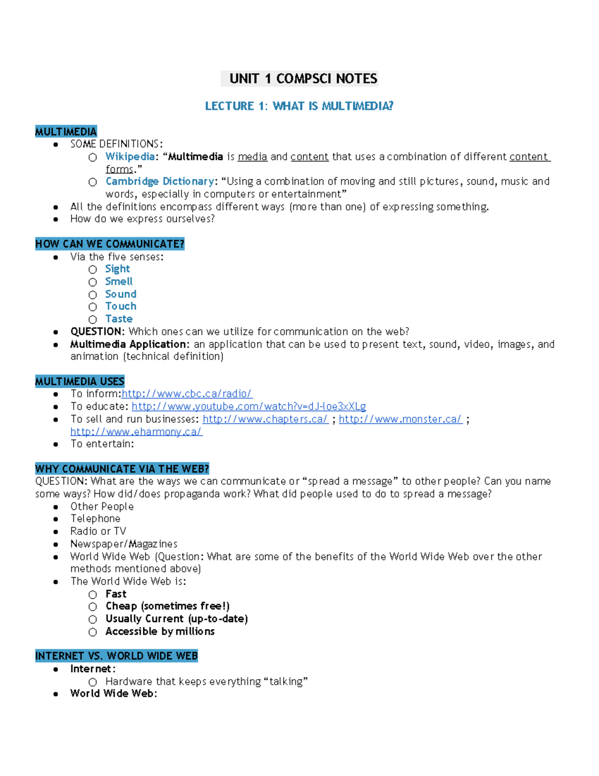 Week 1 Lecture Notes Unit 1 Compsci Notes Lecture 1 What Is