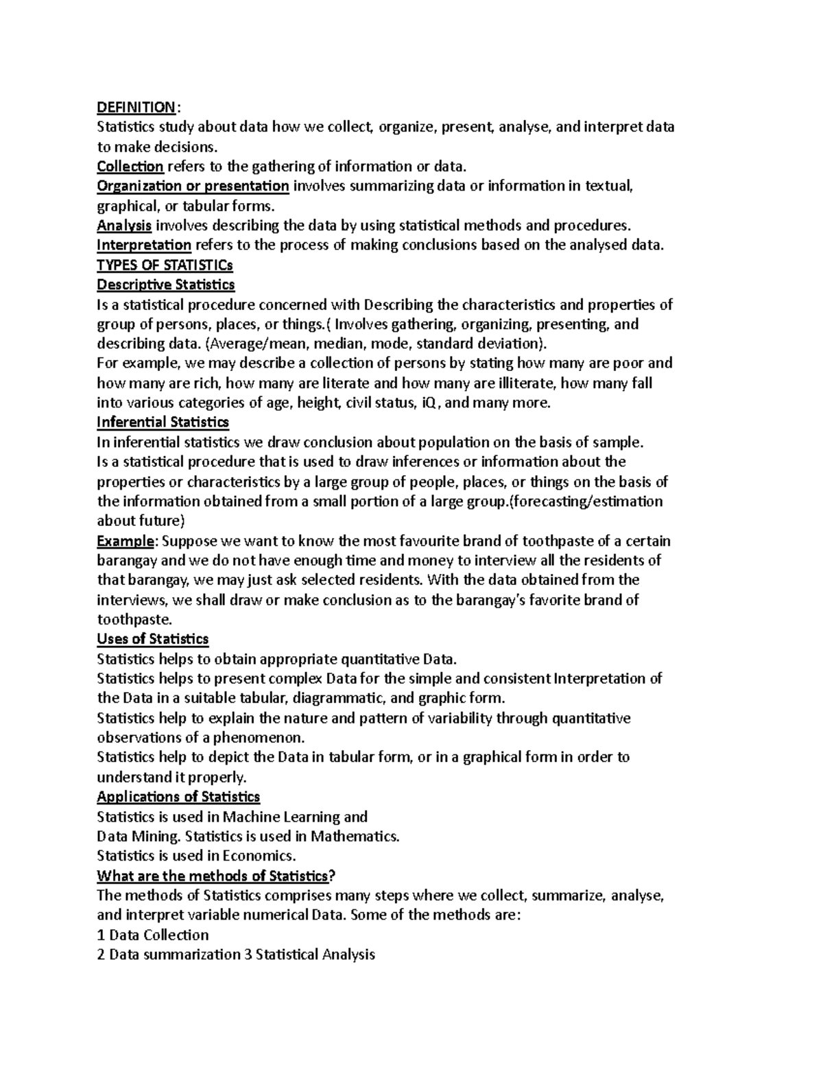 Explain statistics applications and types of Statistics - DEFINITION ...