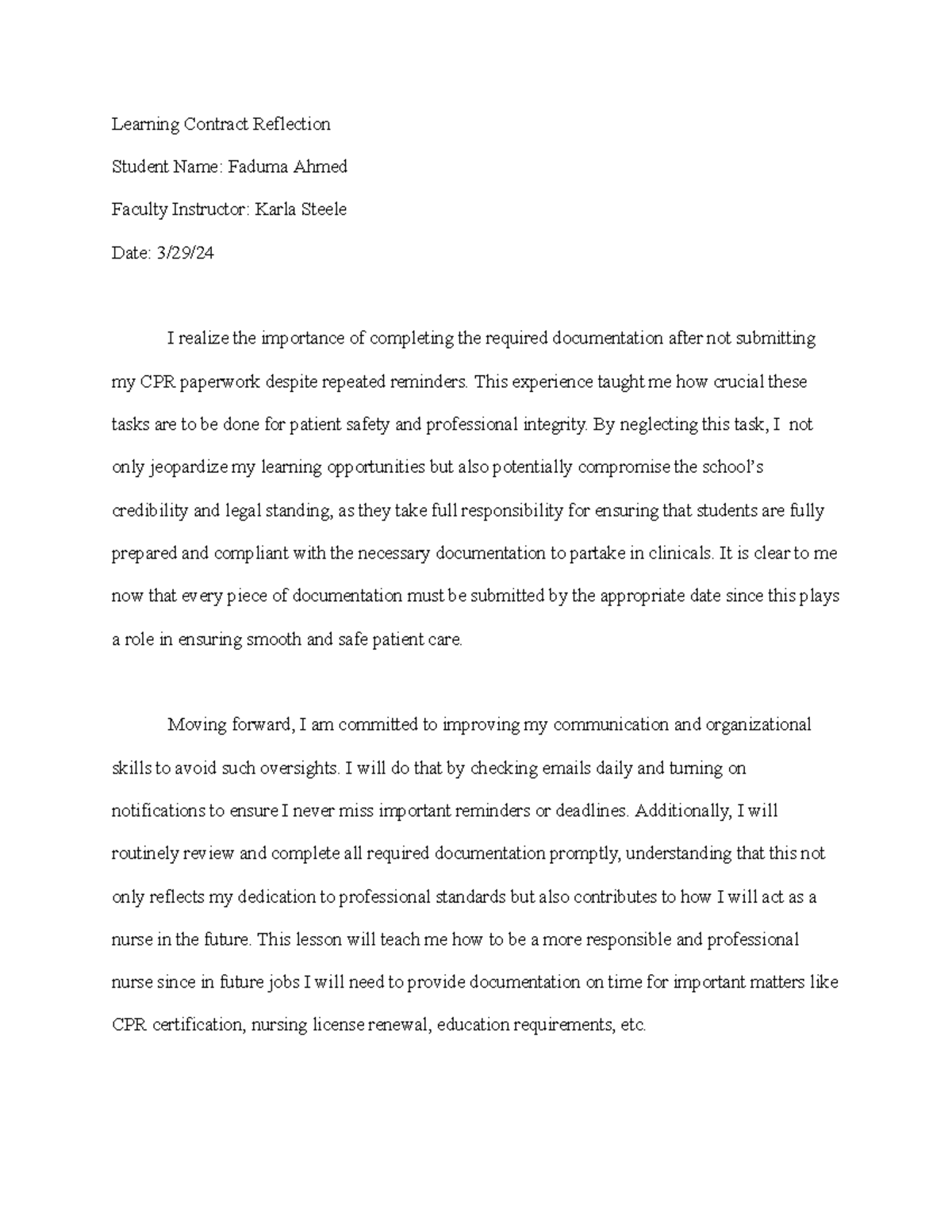 Learning Contract Reflection - Learning Contract Reflection Student ...