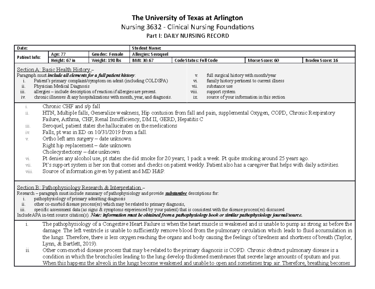 Daily Nursing Record-Care Plan-Hospital Patient ABC - The University of ...