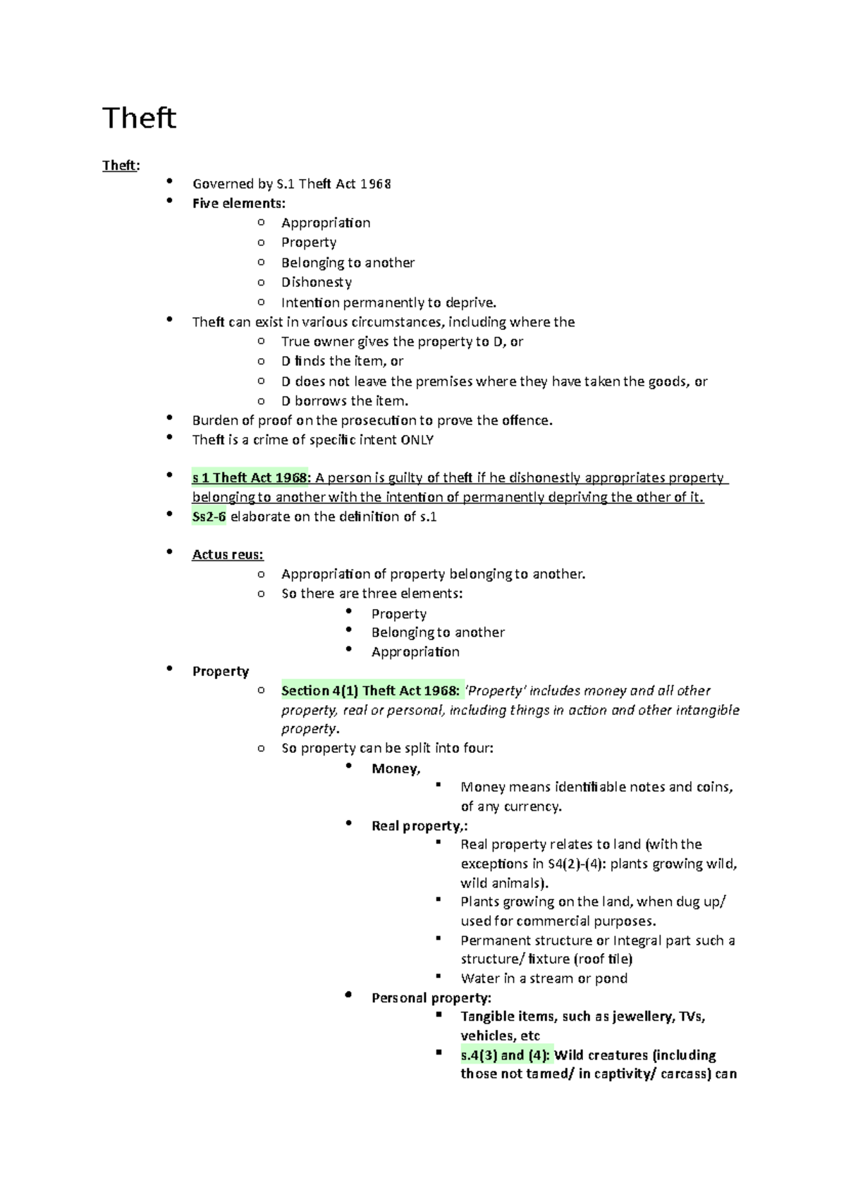 Theft - Summary - Theft Thef : Governed by S Thet Act 1968 Five ...